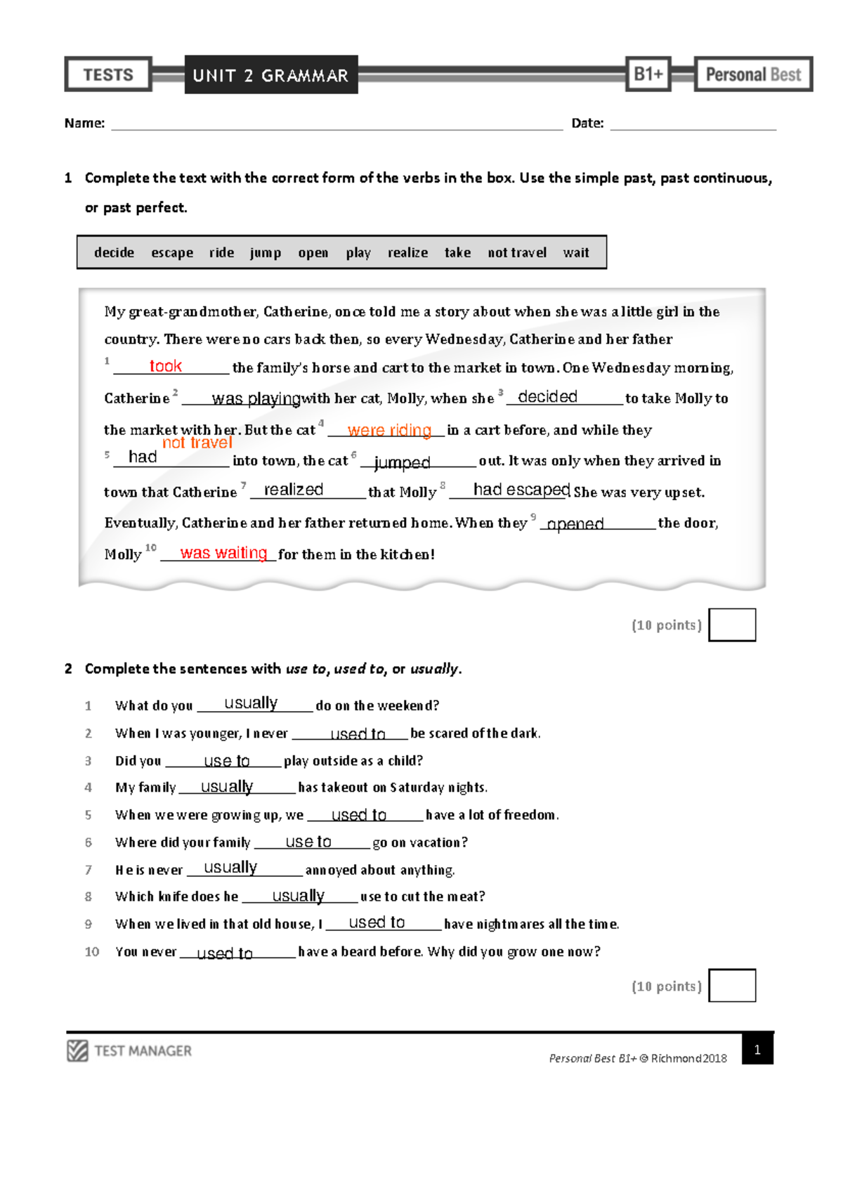 Personal Best B1 Unit 2 Grammar Test with Verb Forms and Usage - Studocu