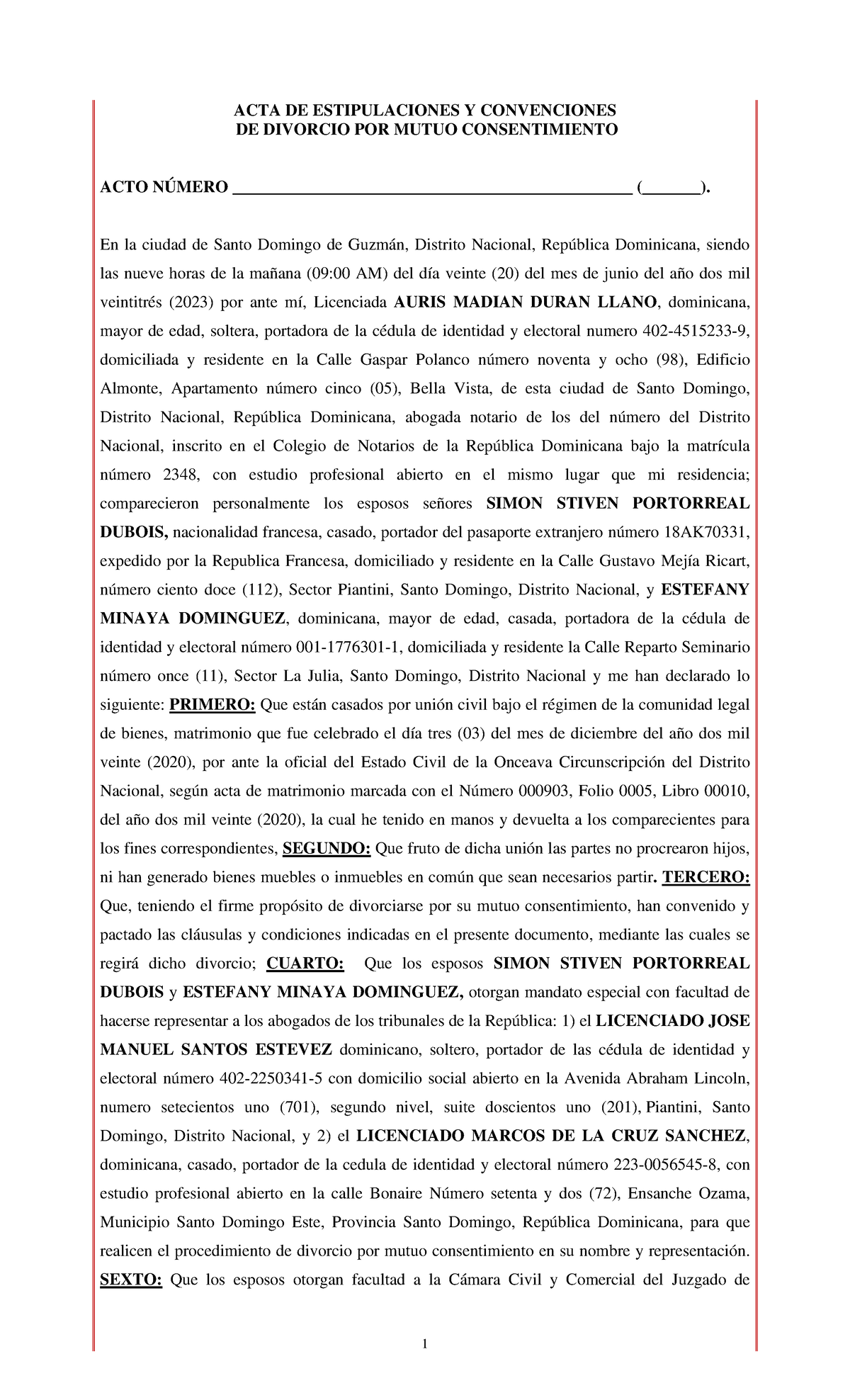 Acta de Estipulaciones para Divorcio Mutuo Consenso - 2023 - Studocu