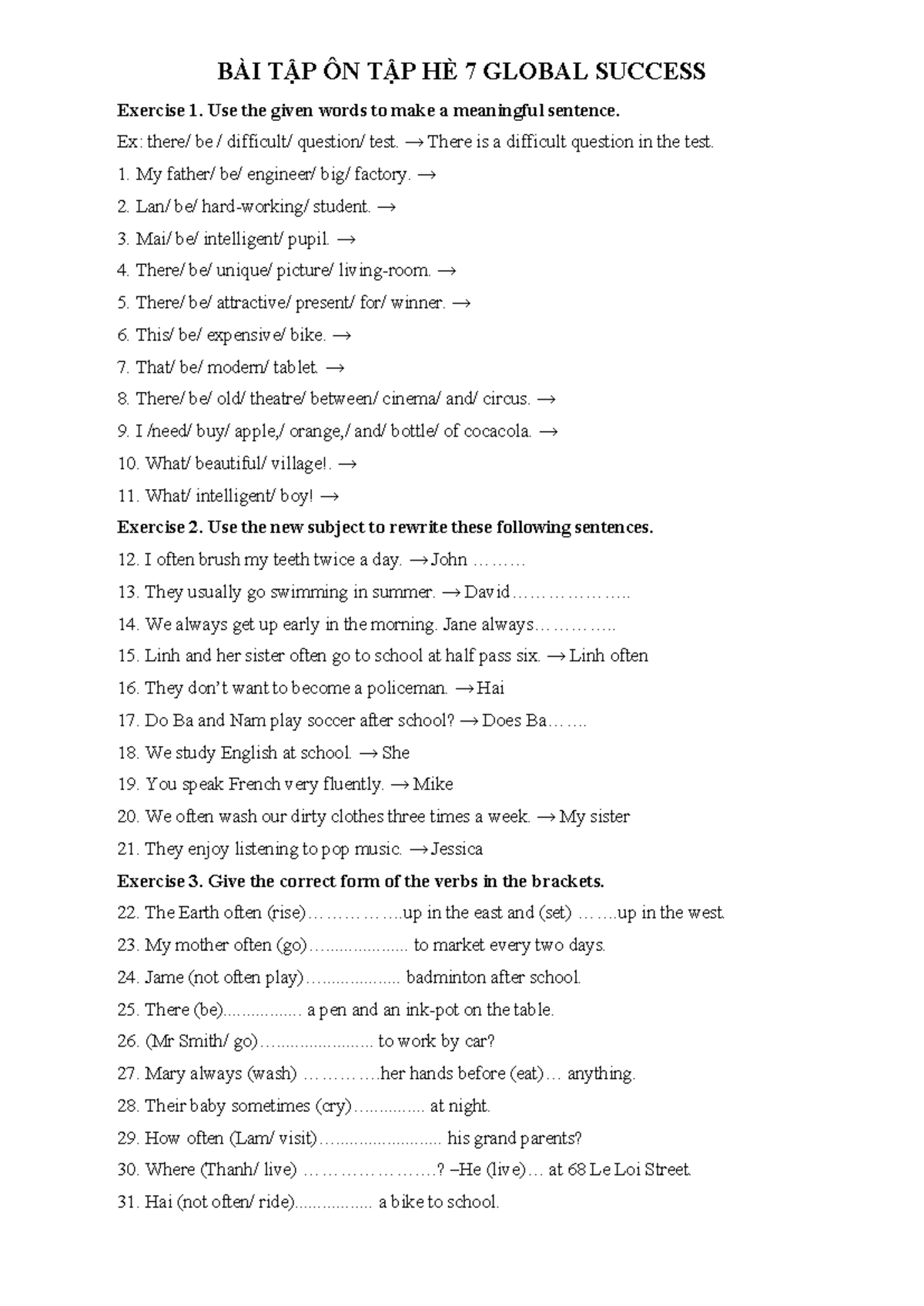 BÀI TẬP ÔN TẬP HÈ 7 GLOBAL SUCCESS: Exercises and Answers - Studocu