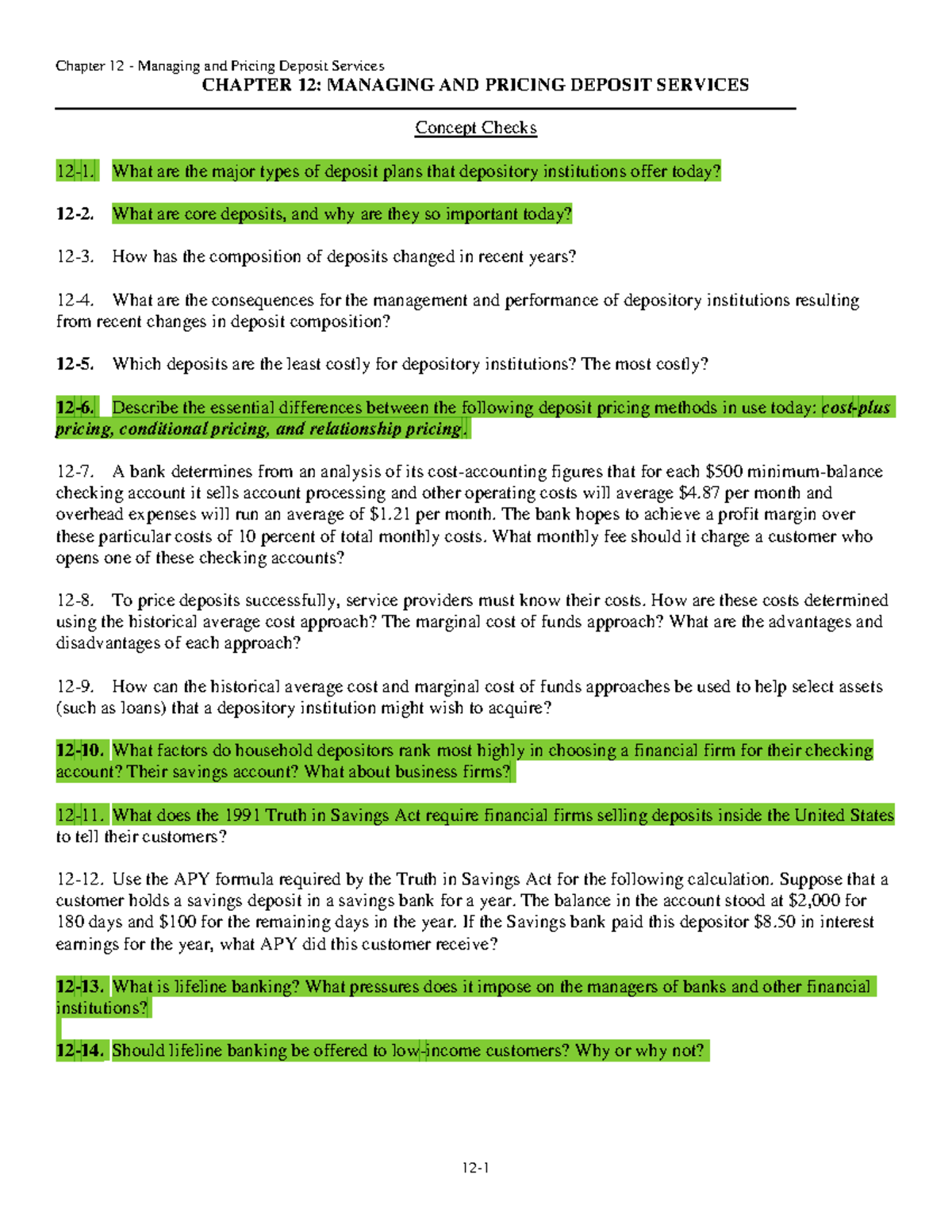 Chapter 12: Managing & Pricing Deposit Services - Key Concepts & Problems - Studocu