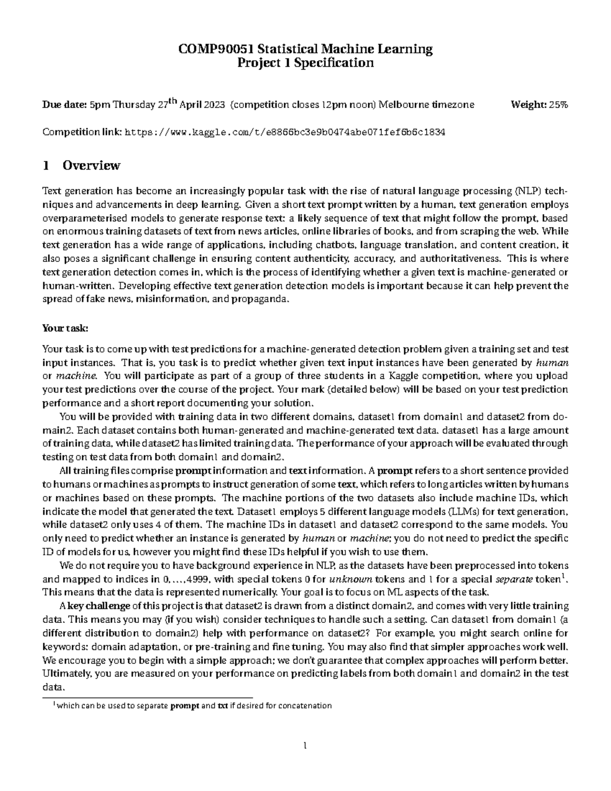 COMP90051 Project 1 Spec: Text Generation Detection Assignment 1 - Studocu