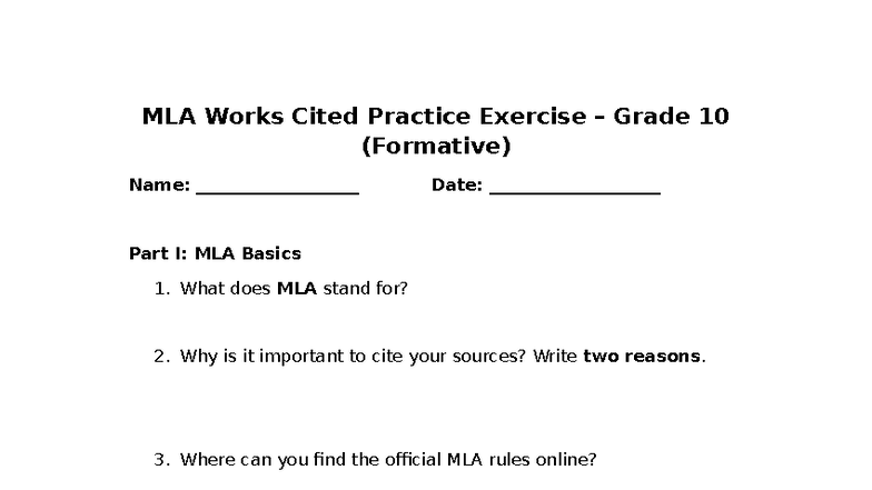 Gr. 10 MLA Works Cited Practice Exercise (Formative) - Studocu