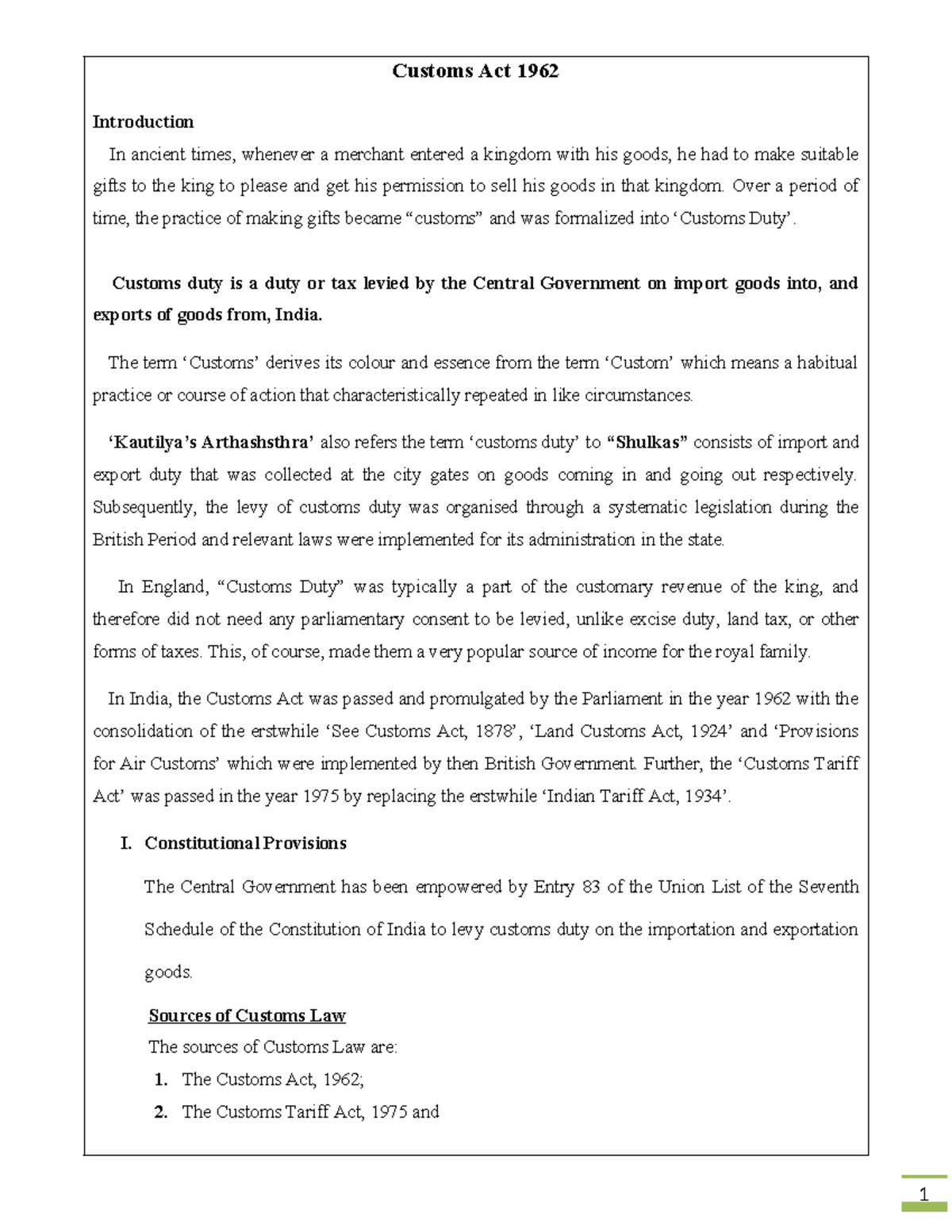 Customs Duty Overview: Key Points from Customs Act 1962 - Studocu