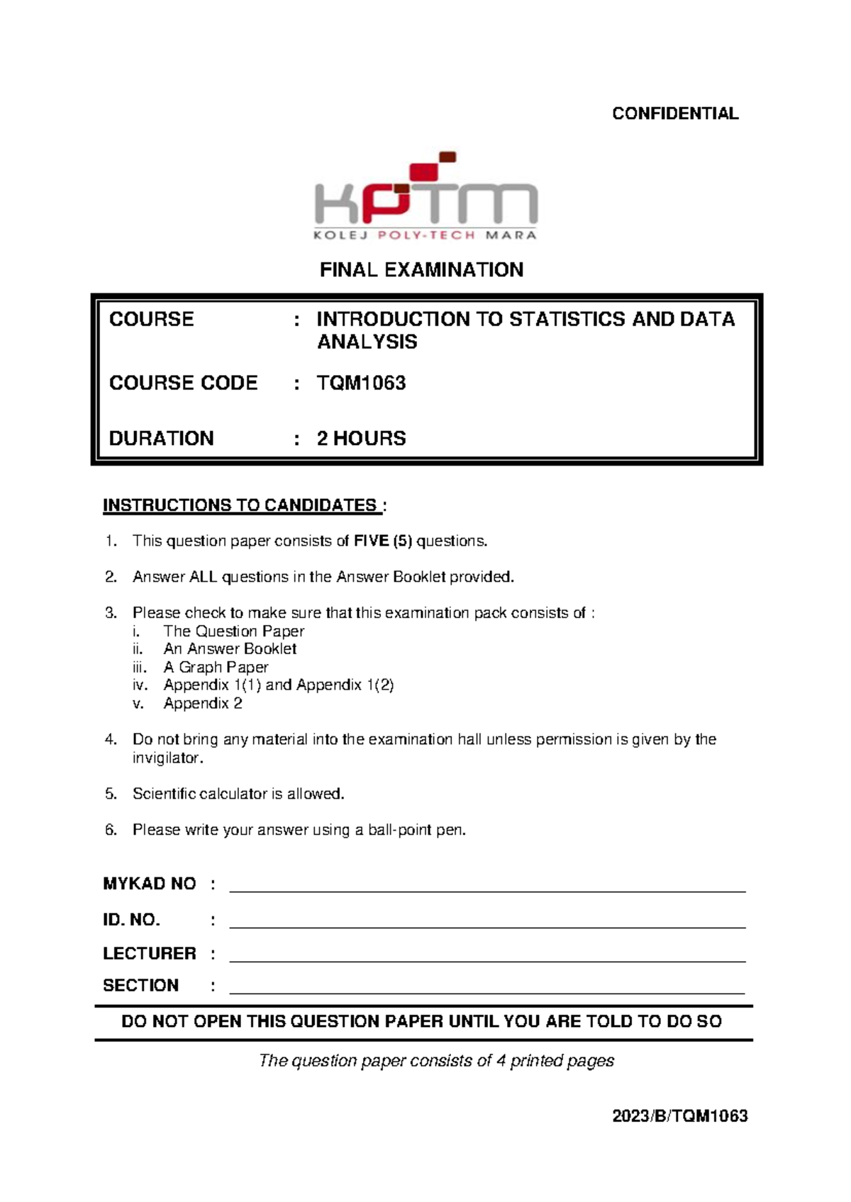 TQM1063 Final Exam Paper: Introduction to Statistics & Data Analysis ...