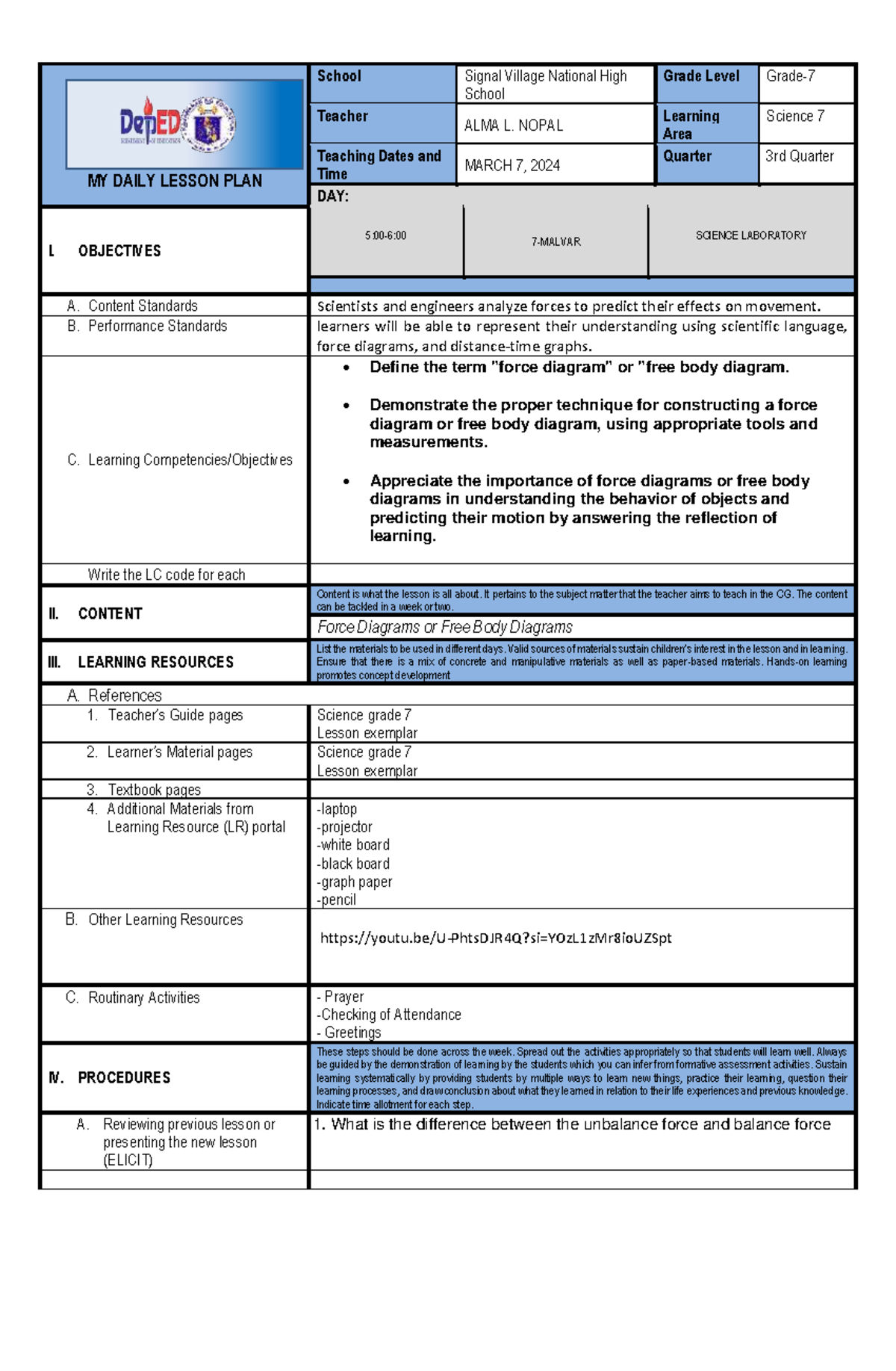 DLP-JAN 13: Daily Lesson Plan for Science 7 - Force Diagrams - Studocu