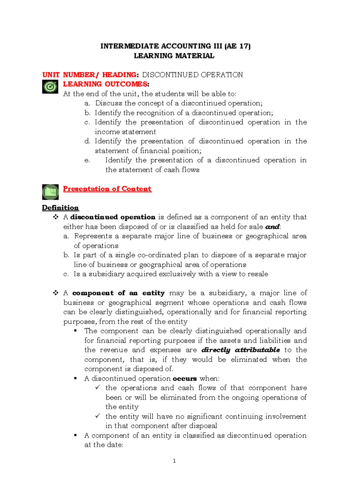Discontinued Operations in Intermediate Accounting III (AE 17) Final ...