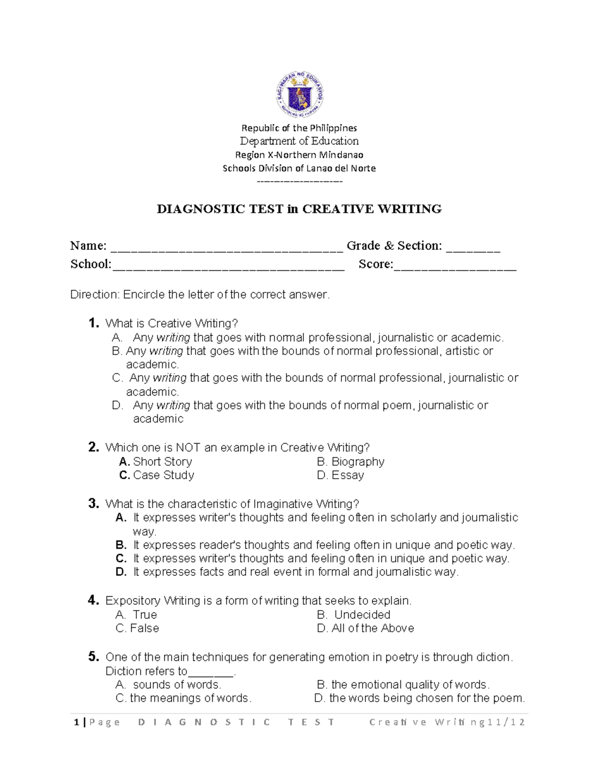 DIAGNOSTIC TEST in CREATIVE WRITING (Grade 11) - Studocu