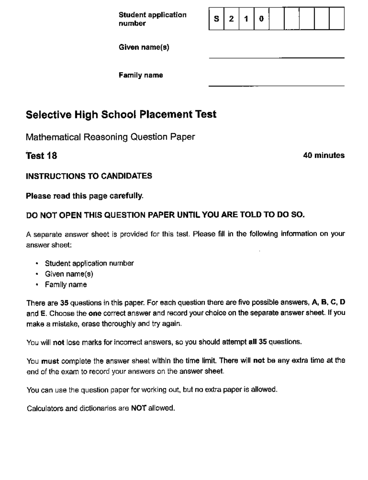 Math 18 - Selective High School Placement Test: Mathematical Reasoning ...