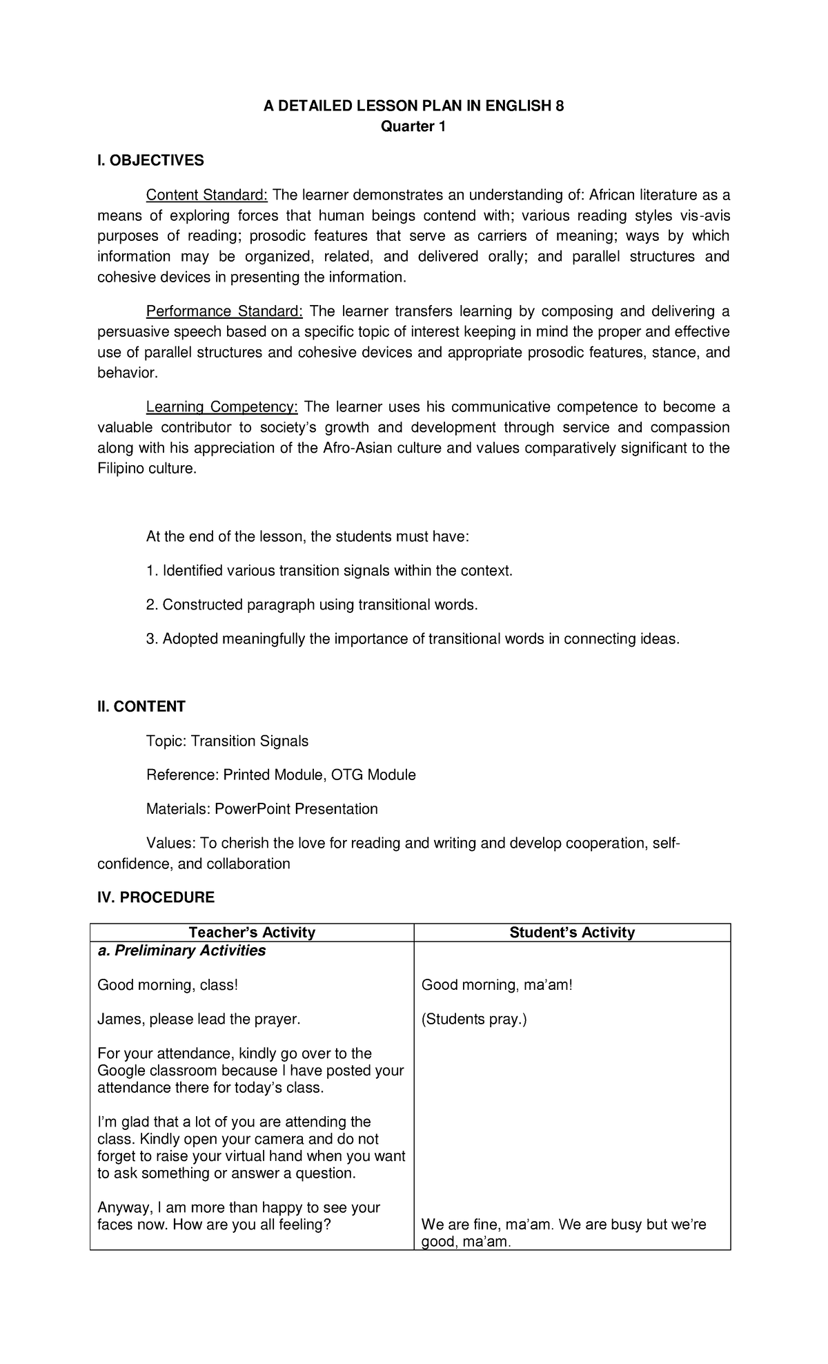 Detailed Lesson Plan for English 8: Understanding Transition Signals ...
