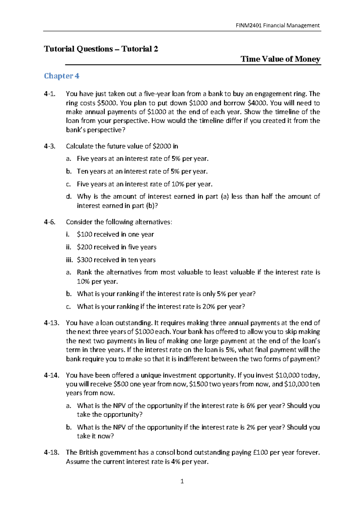 Tutorial work - 2 - Questions chapter 4 and supplementary questions ...