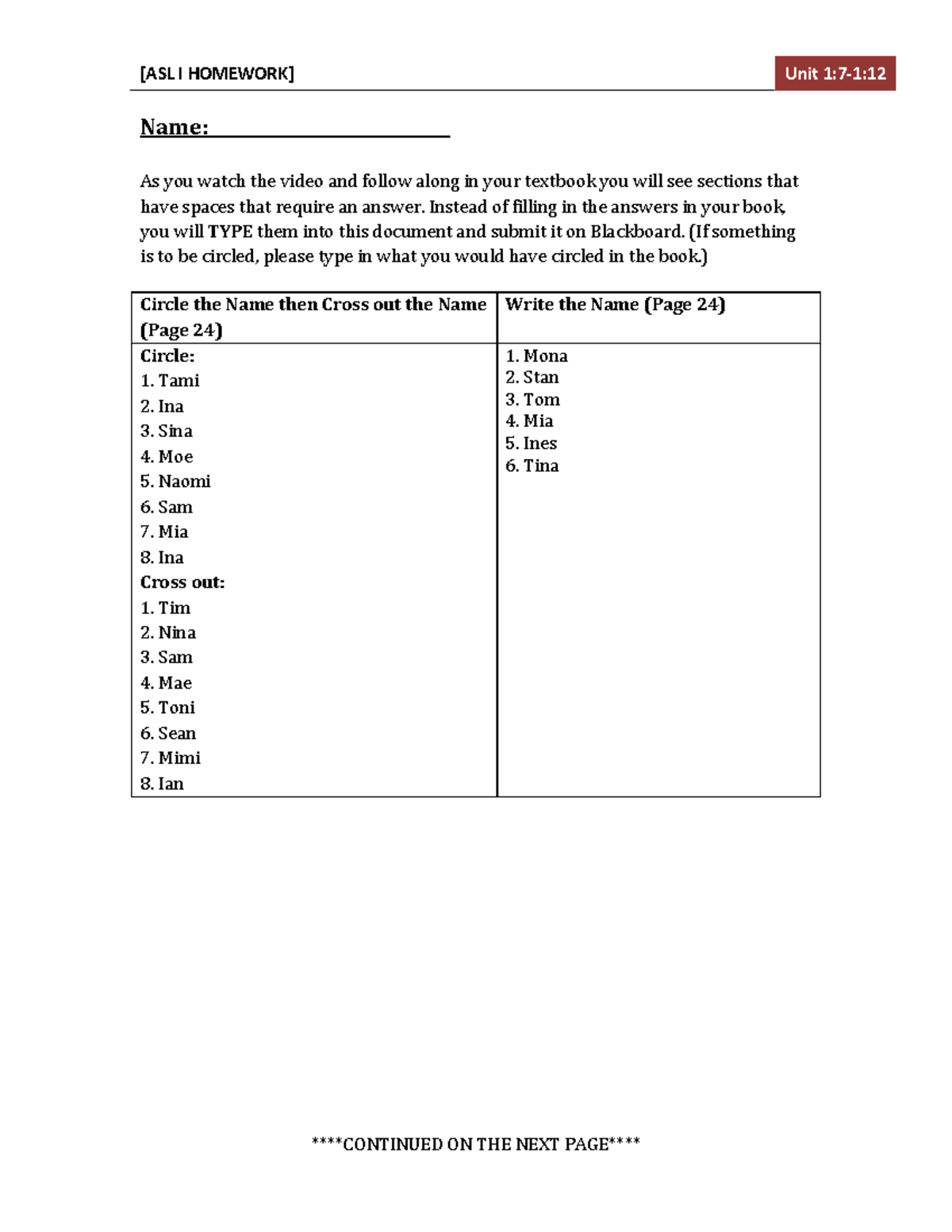 Signing Naturally 1.7 - 1.12 Homework Assignment Answers - Studocu