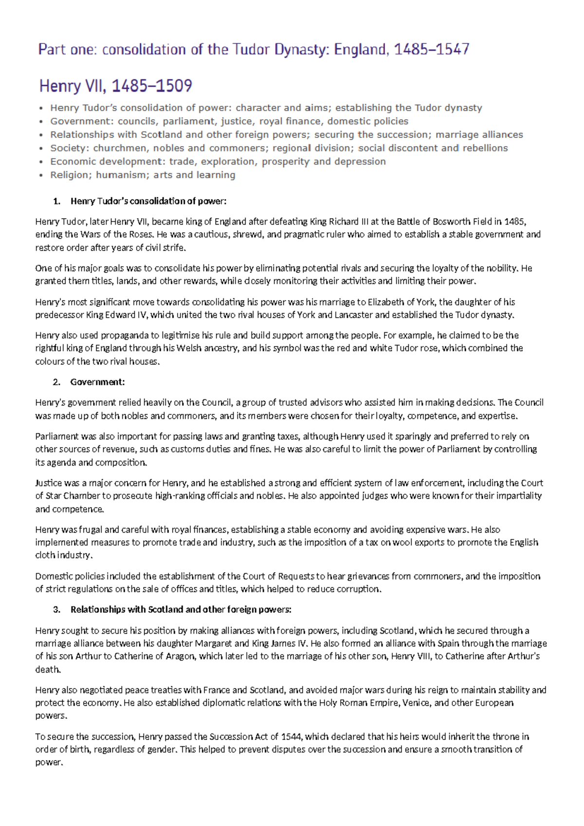 Henry VII: Consolidation of Power and Governance in England - Studocu