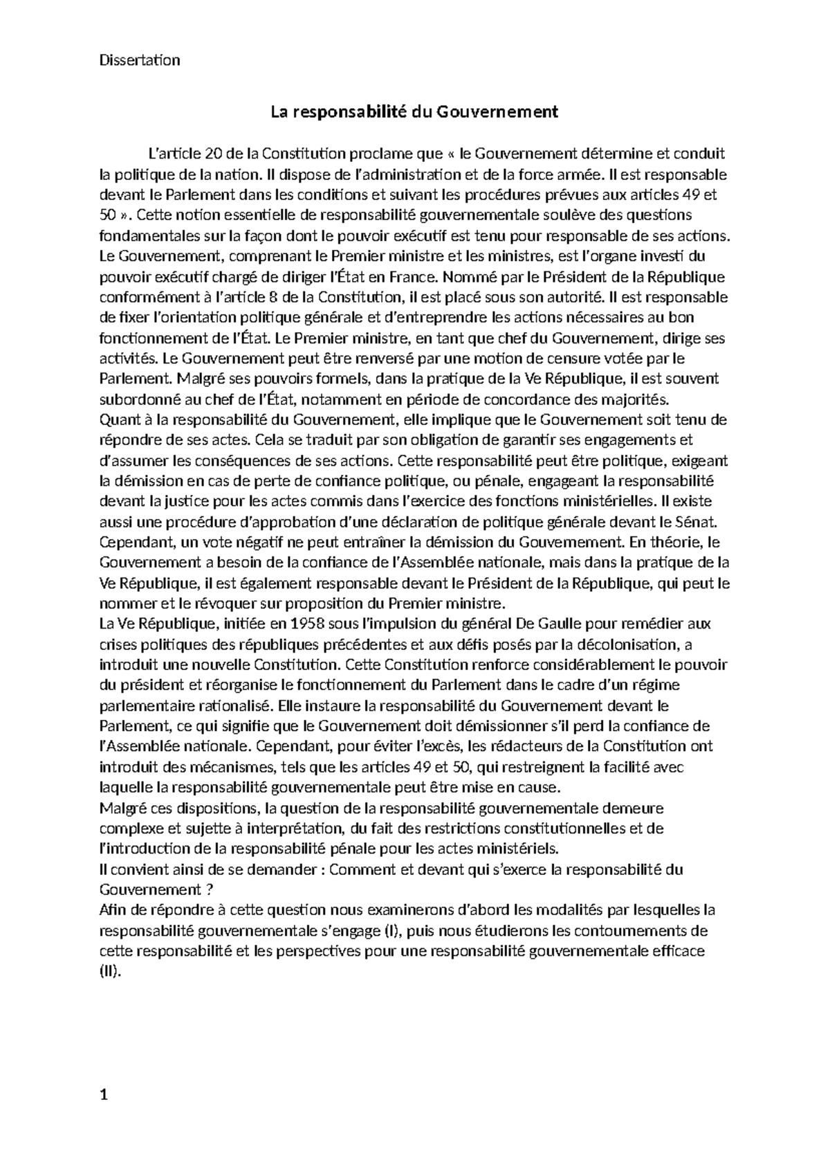 Dissertation sur la responsabilité du Gouvernement en France - Studocu