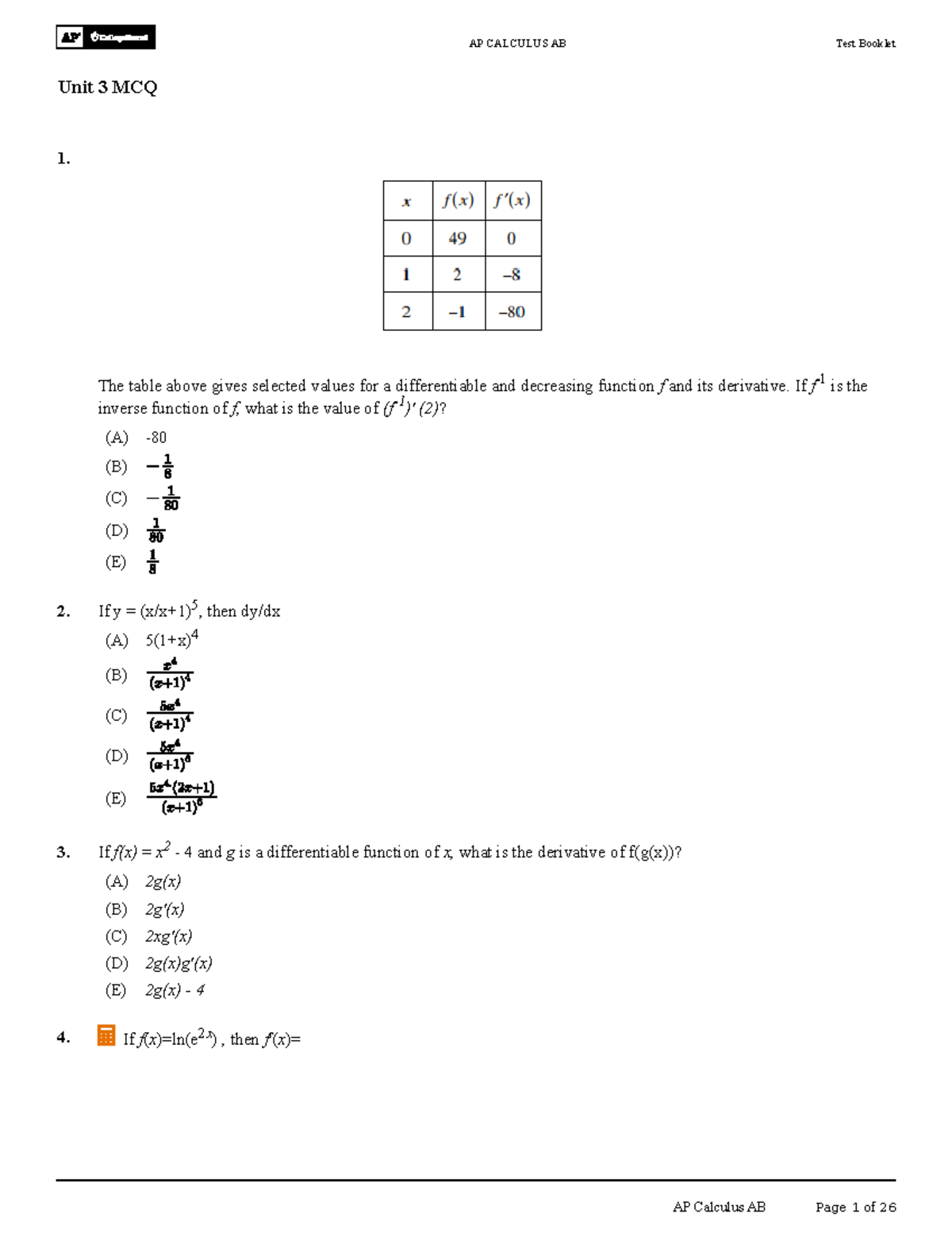 AP CALCULUS AB Test Booklet Unit 3 Multiple Choice Questions - Studocu