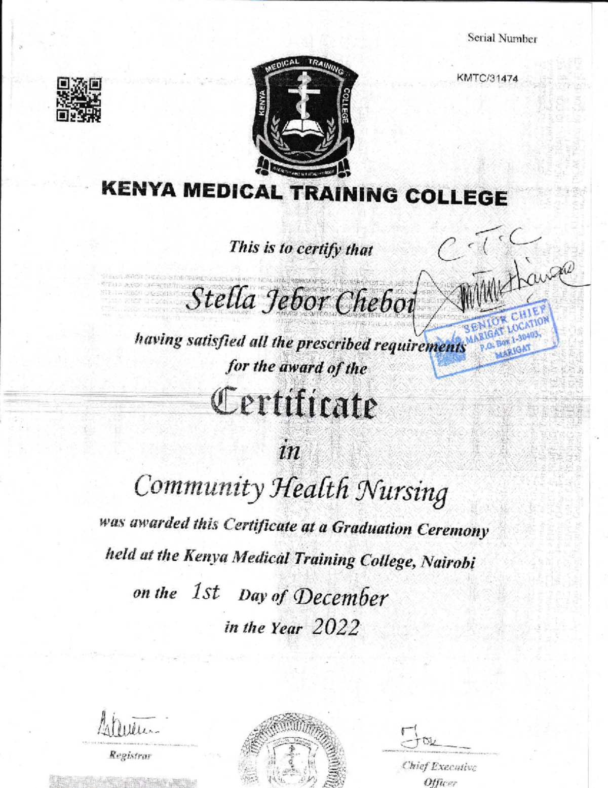 Kmtc certificate in health nursing - Serial Number KMtTC,/3x ffi- DIG ...