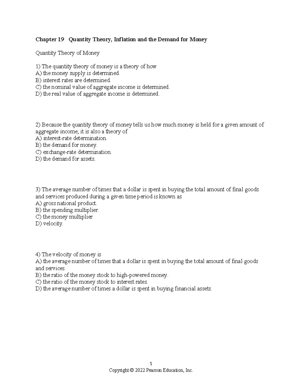 Chapter 19 Review: Quantity Theory, Inflation & Demand for Money (MBFM2 ...