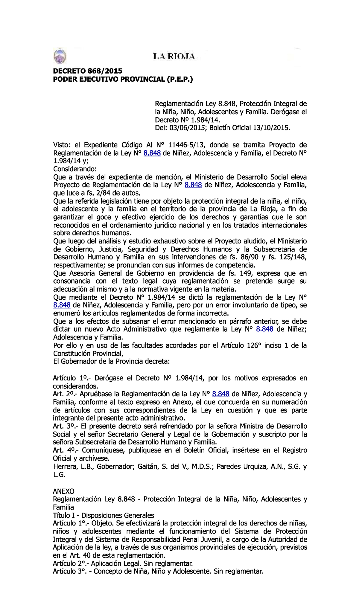 Reglamento Ley 8.848: Protección Integral de Niñez y Adolescencia ...