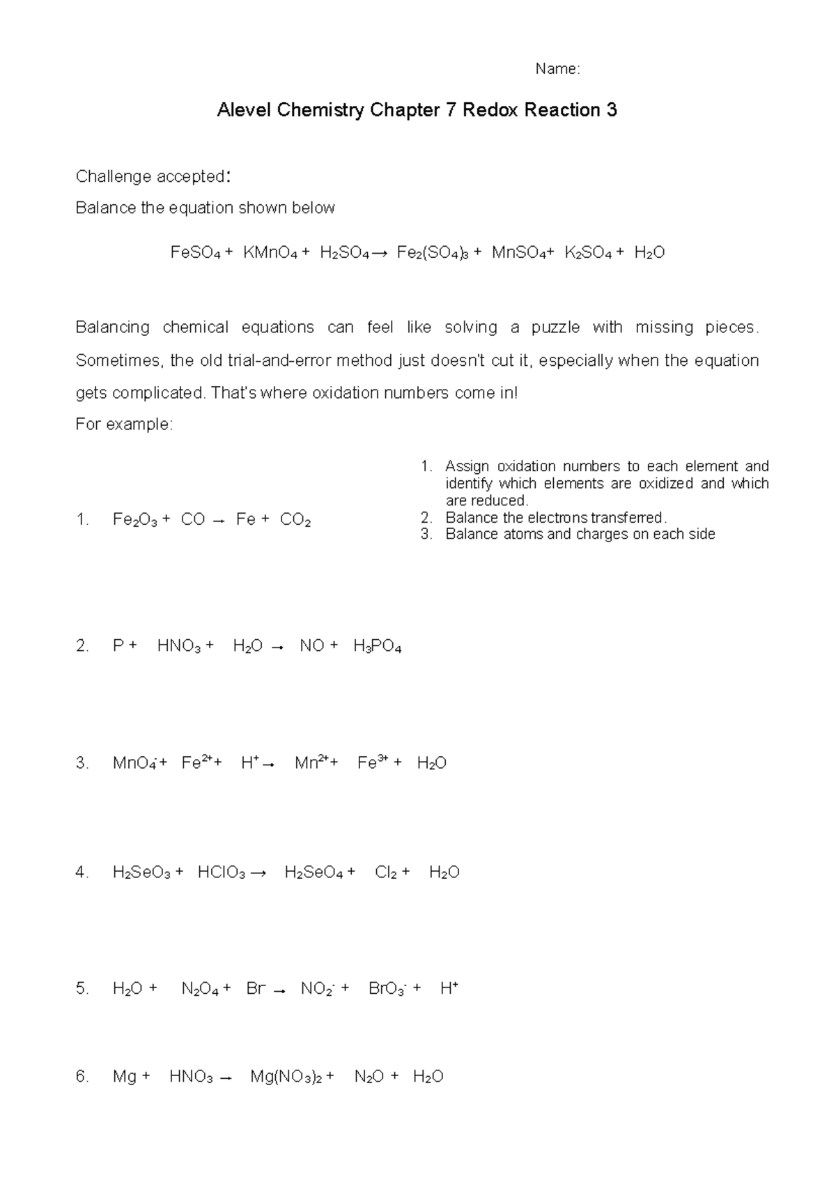 Alevel Chemistry Chapter 7: Redox Reactions & Balancing Techniques ...