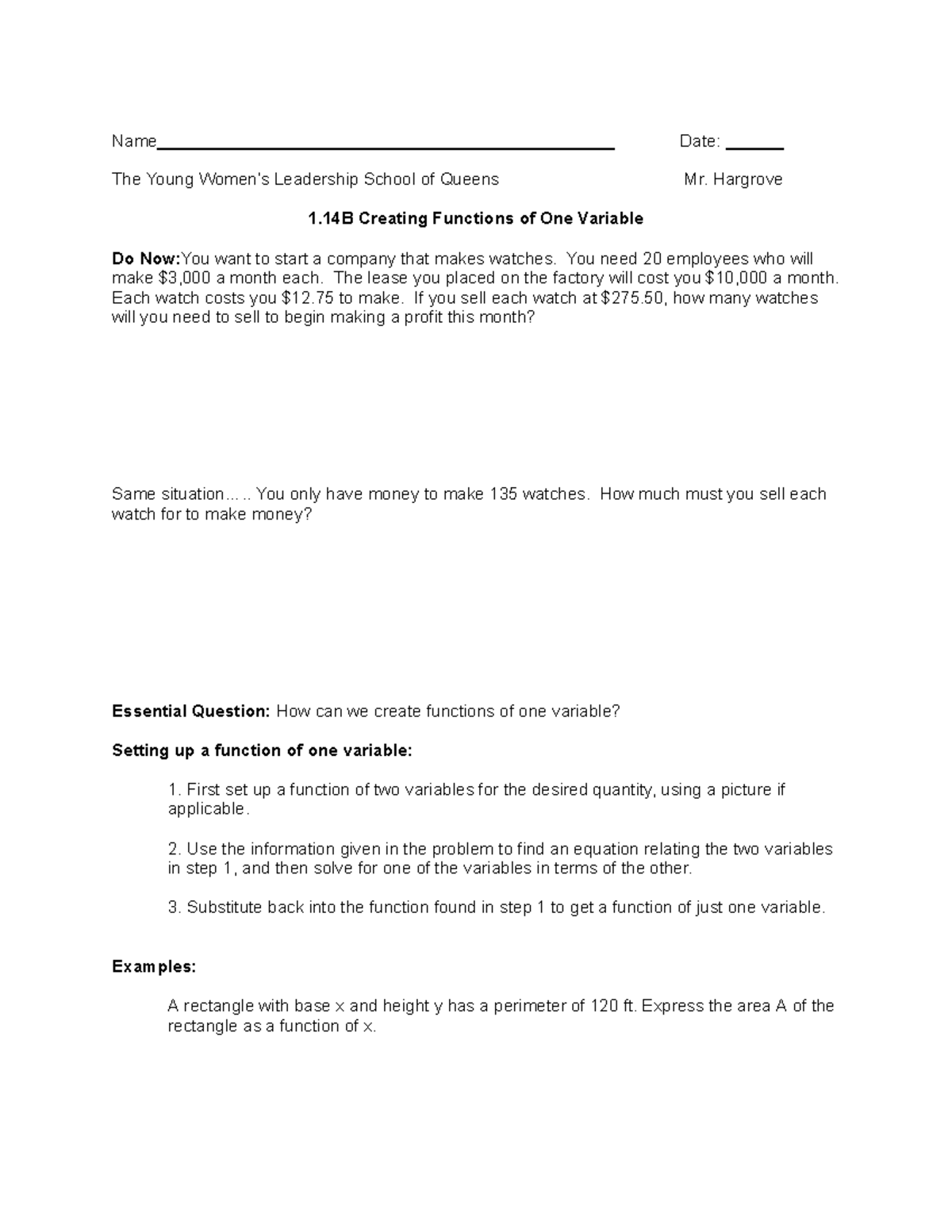 CLLCC Algebra SSS: Functions of One Variable Examples and Exercises ...