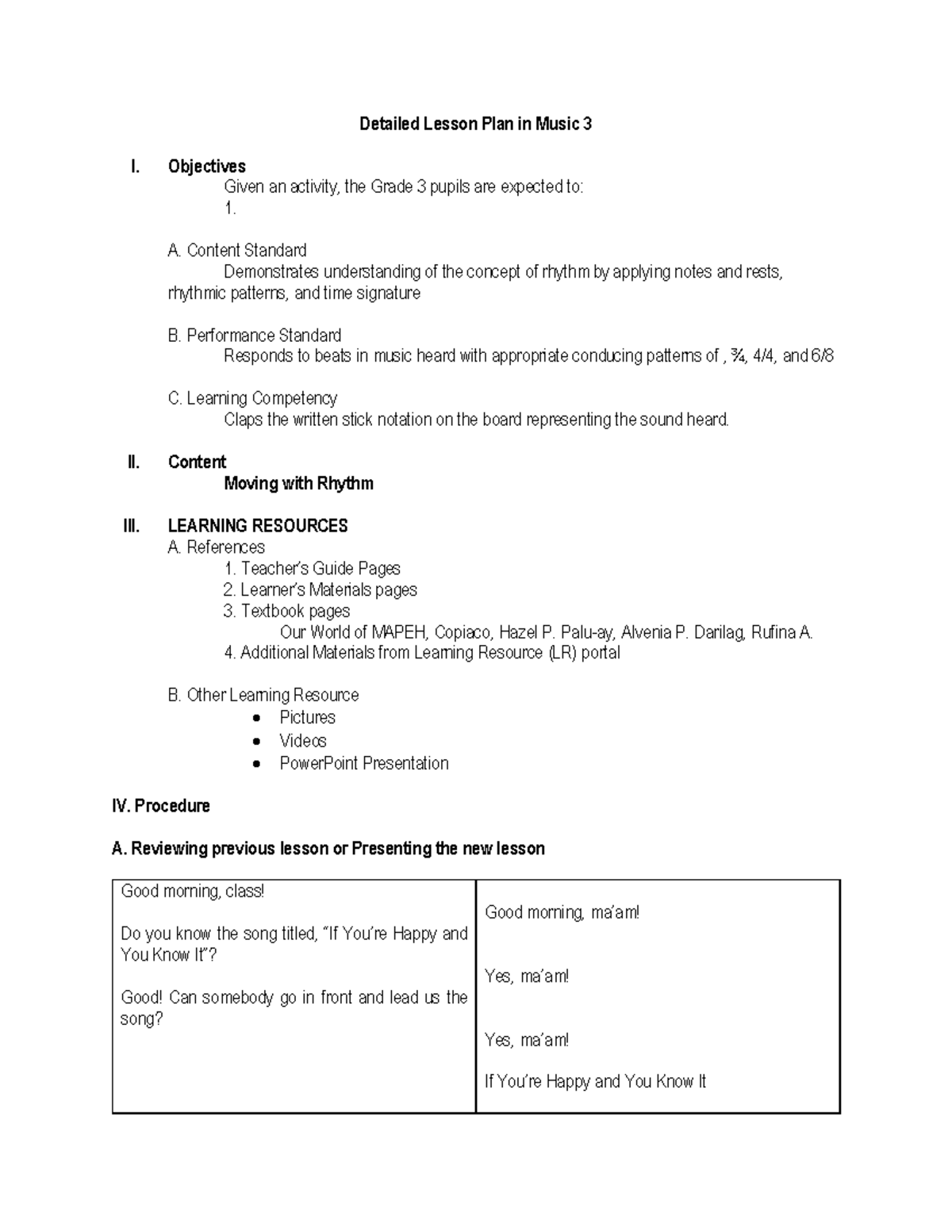 Detailed Lesson Plan for Music 3: Understanding Rhythm - Studocu