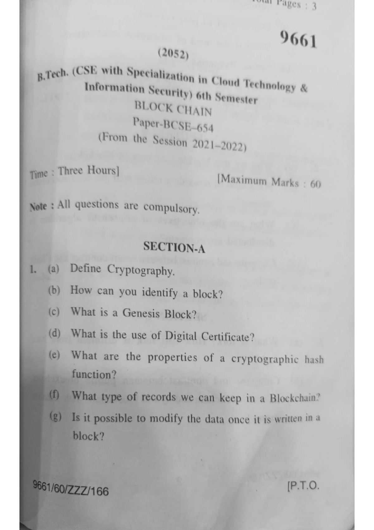 B.Tech. 7th Sem (CSE) Block Chain Technology Exam Paper - Studocu