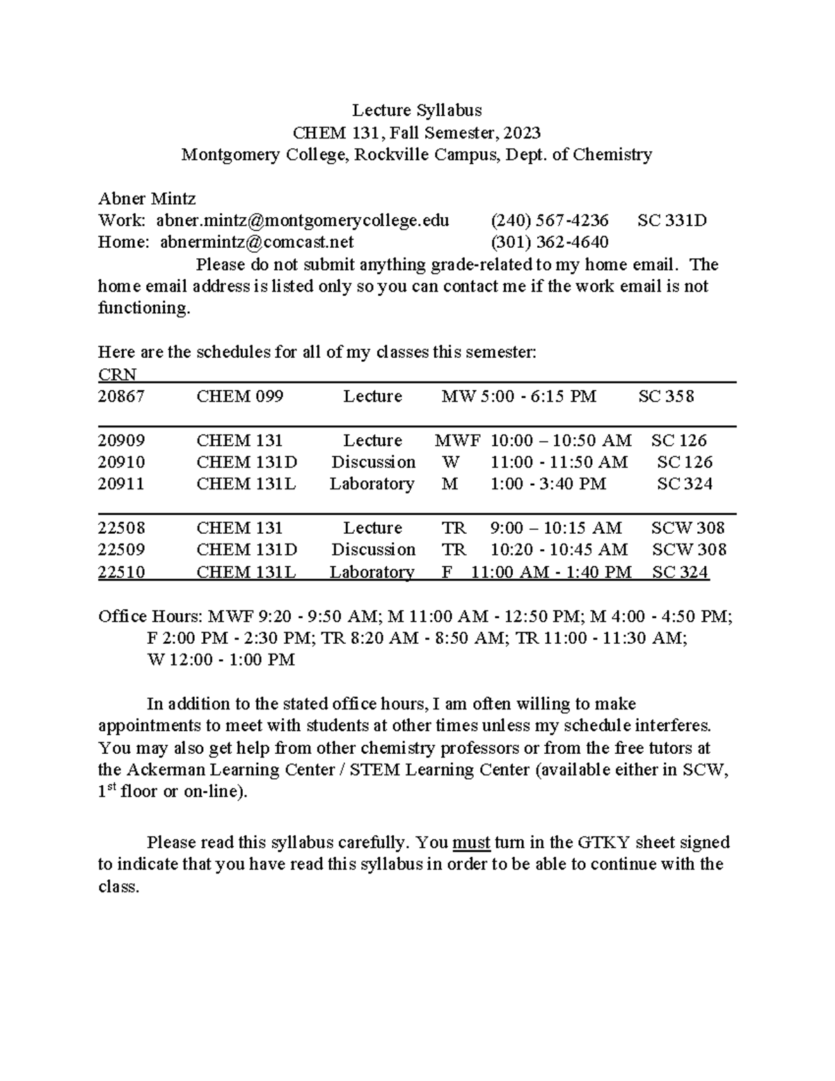 CHEM 131 Lecture Syllabus - Fall 2023 at Montgomery College - Studocu