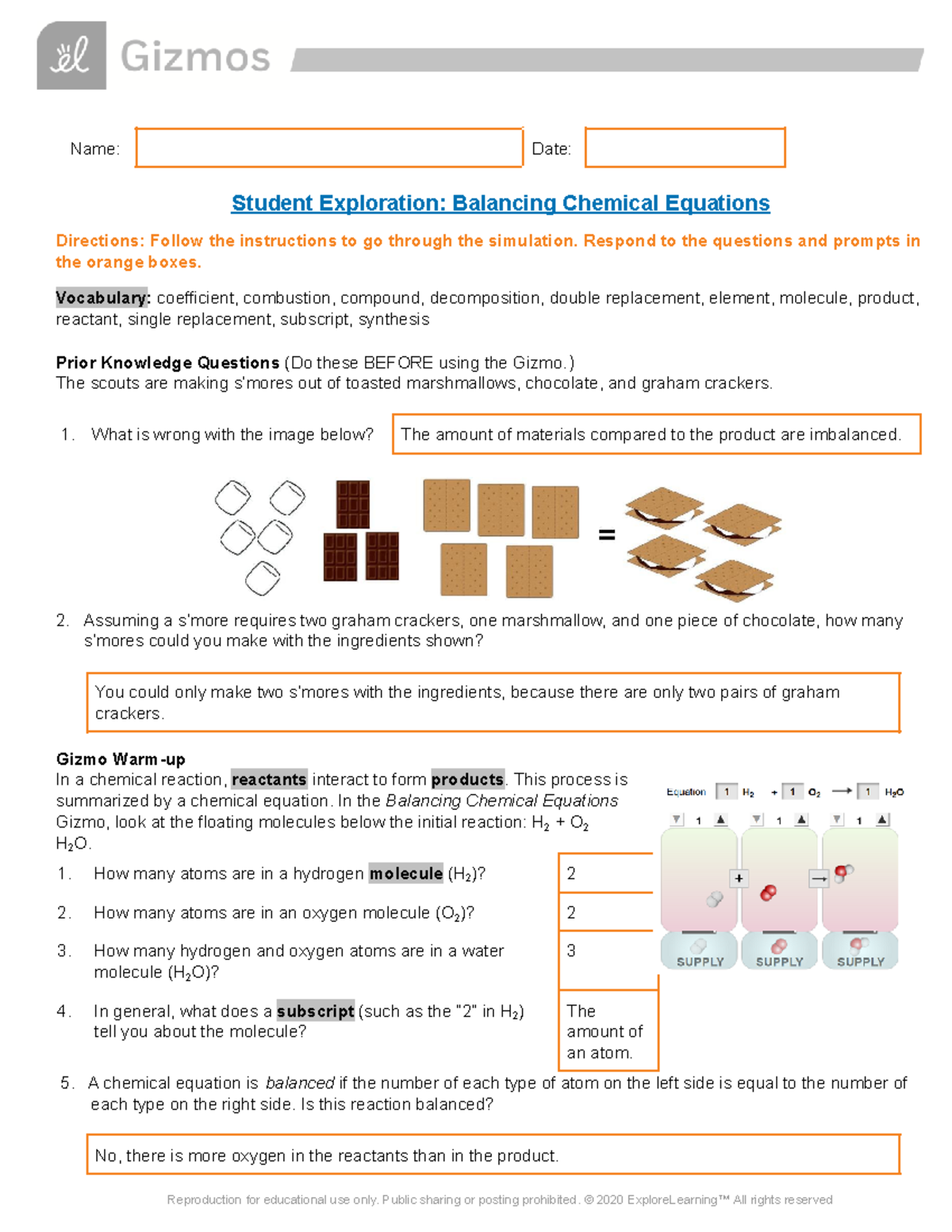 Balancing Chemical Equations: Student Exploration (SE) Guide - Studocu
