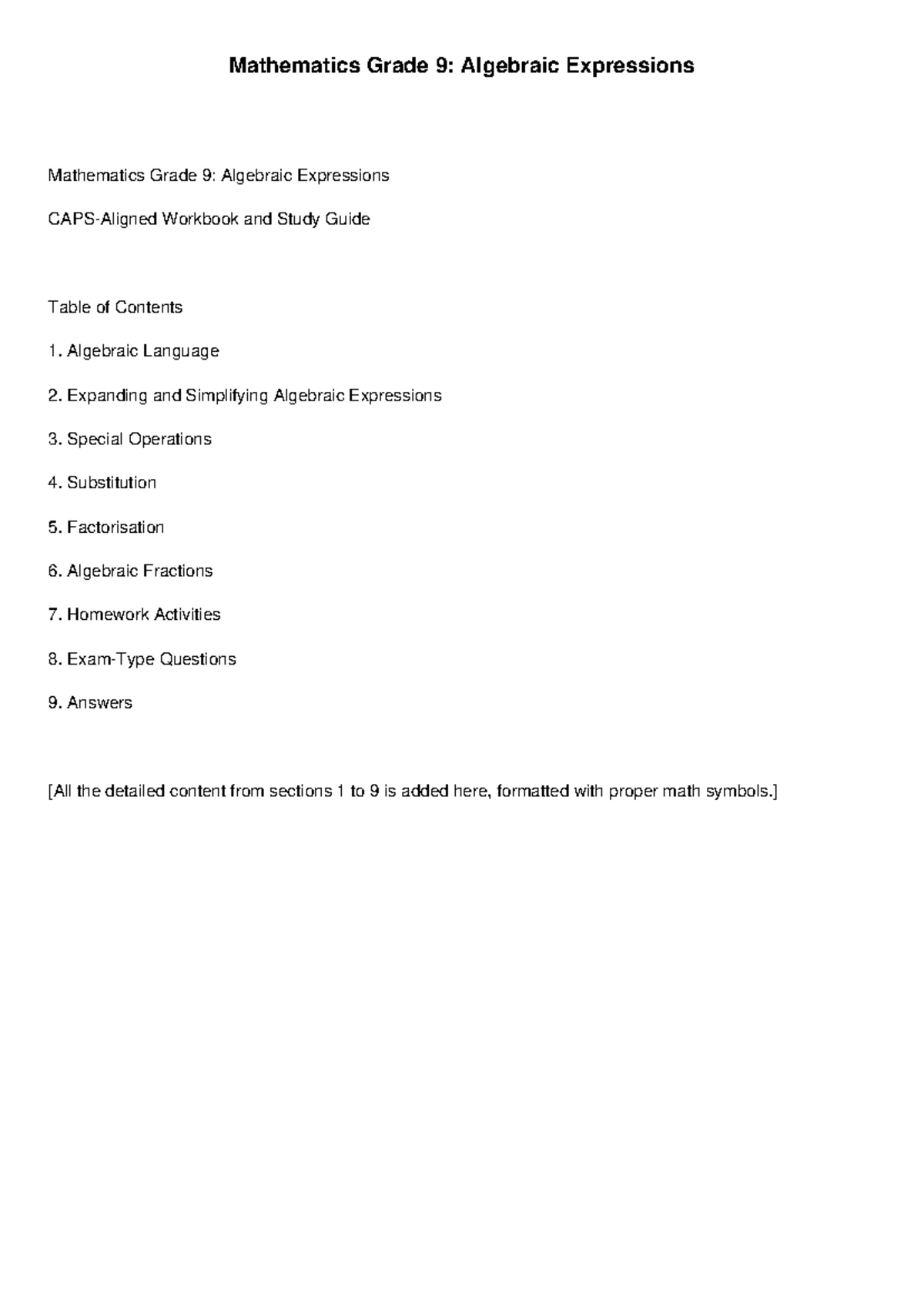Grade 9 Mathematics: Algebraic Expressions Workbook & Study Guide - Studocu