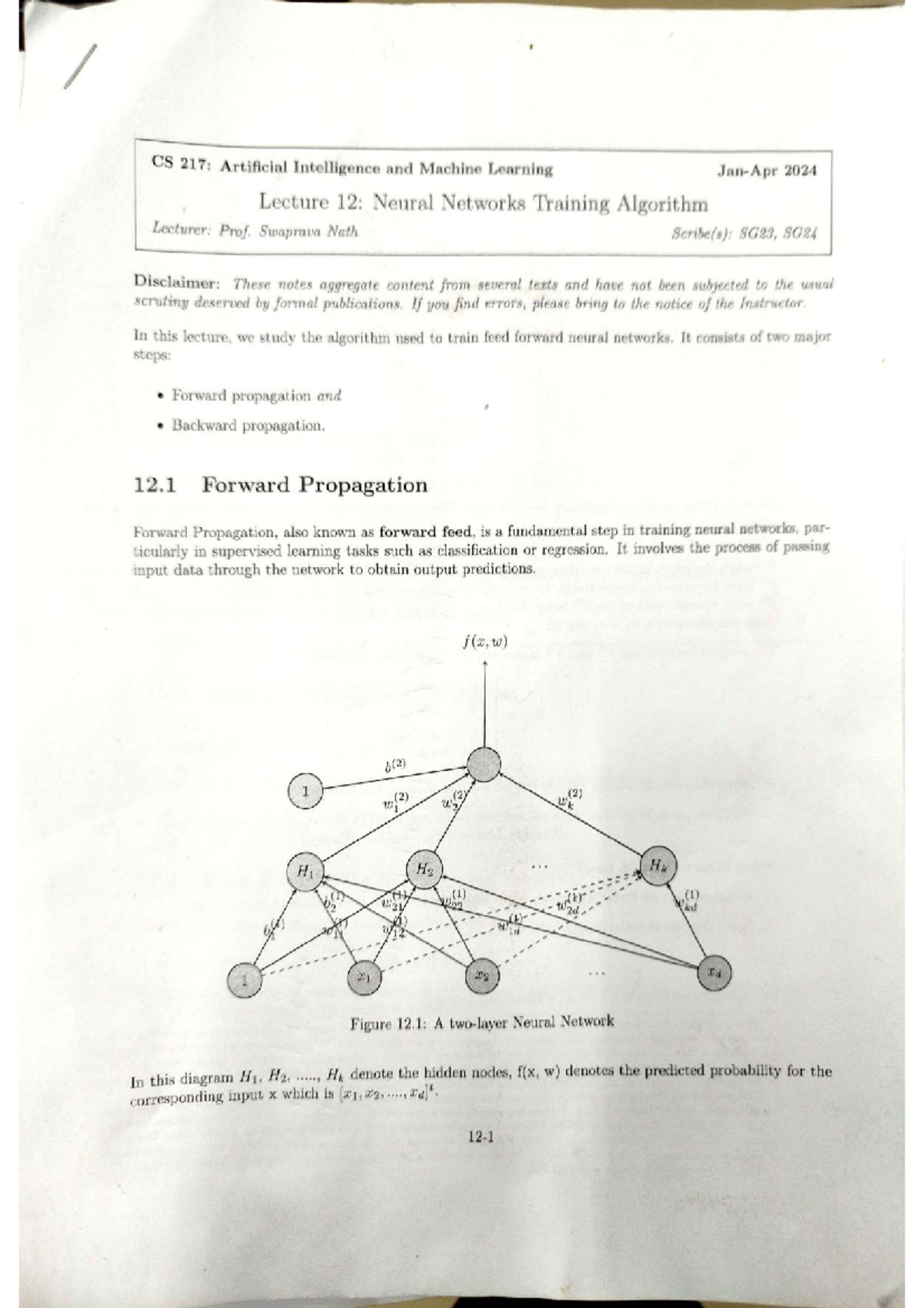 CS 217: AI & ML 2024 Lecture 12 - Neural Networks Training Algorithm ...