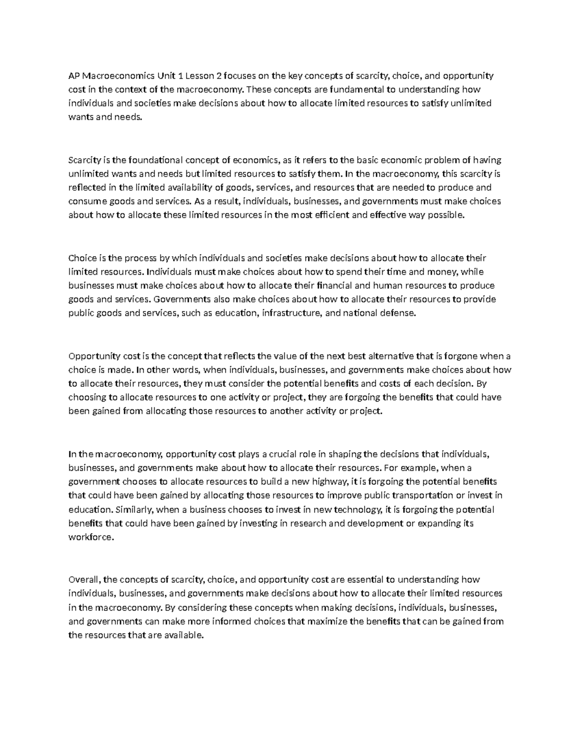 AP Macroeconomics Unit 1 L2: Scarcity, Choice & Opportunity Cost - Studocu