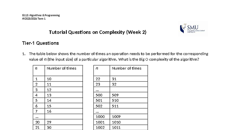 IS115: Algorithms Programming Term 1 Tutorial on Big O Complexity - Studocu