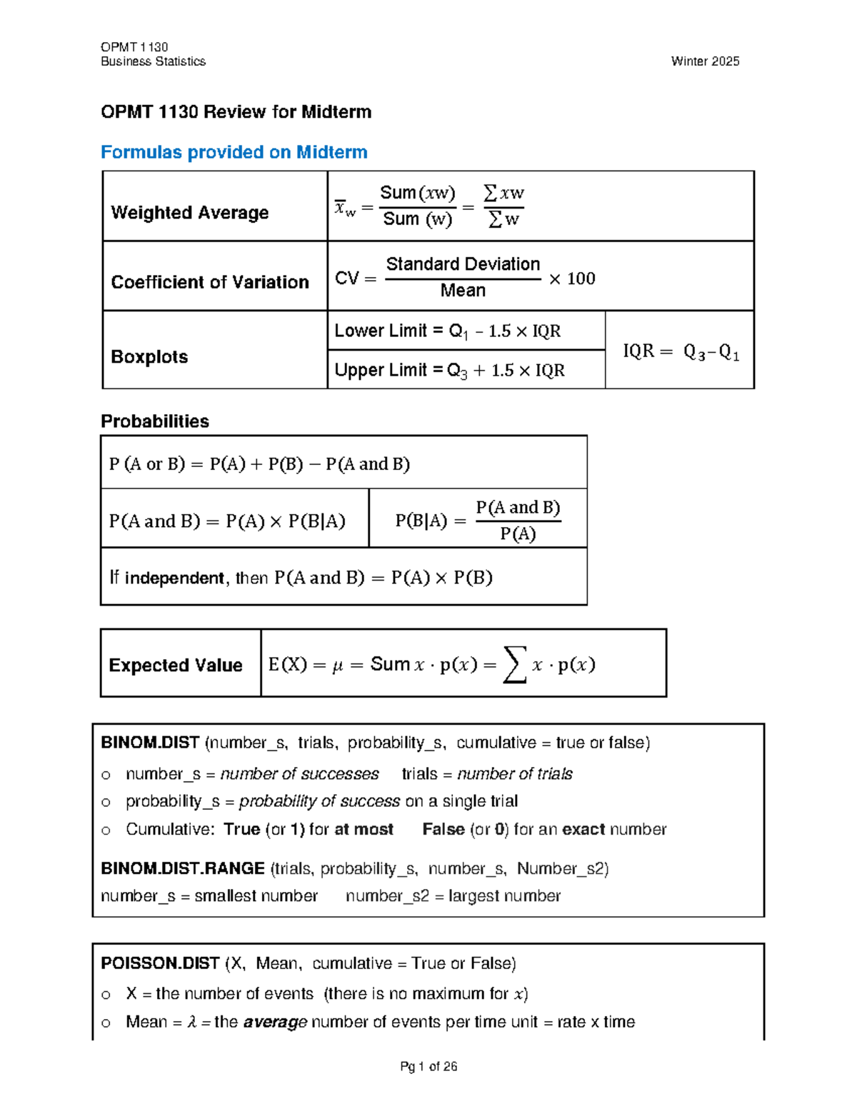 OPMT 1130 Business Statistics Winter 2025 Midterm Review: Key Formulas ...