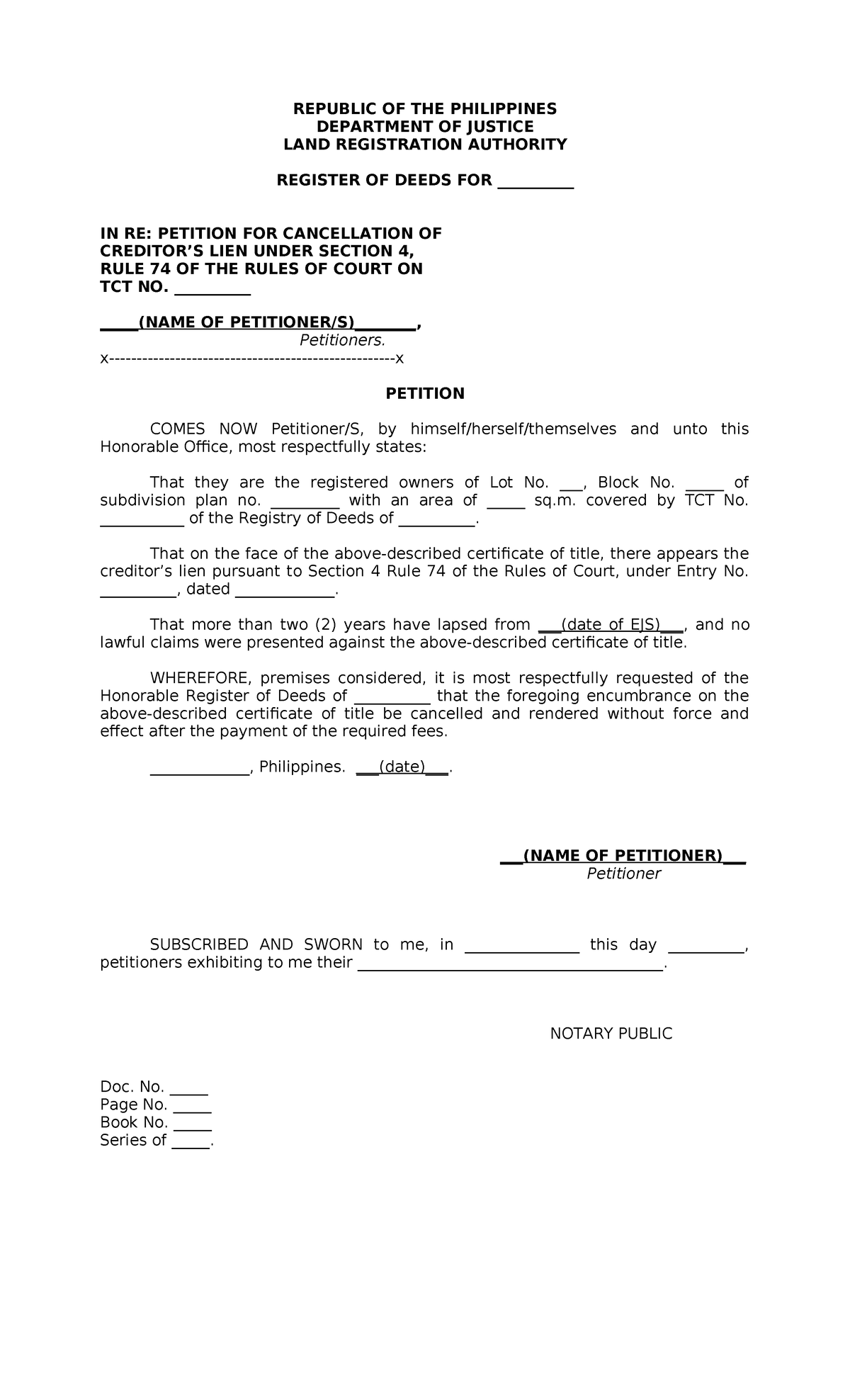 Petition for Cancellation of Creditor's Lien - Sec. 4 Rule 74 Template ...