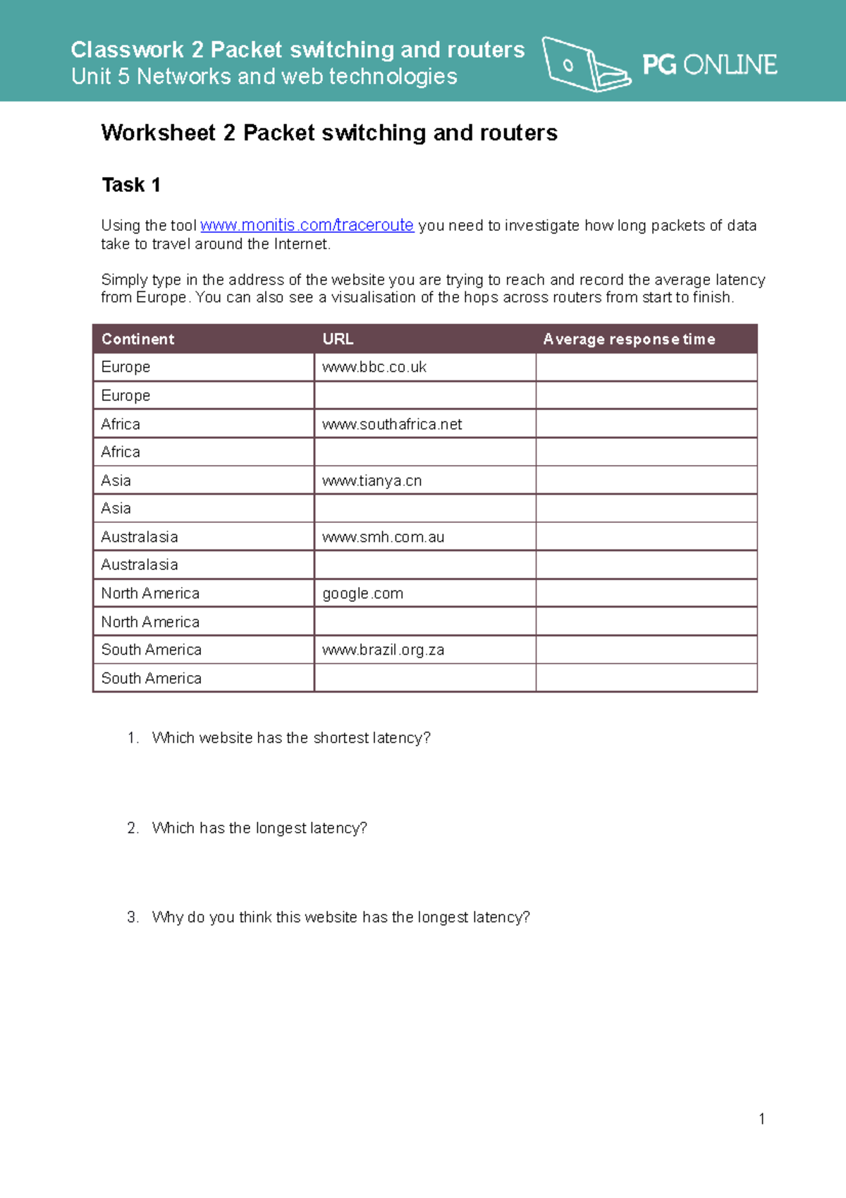 Networks Worksheet 2: Internet Communication - Packet Switching ...
