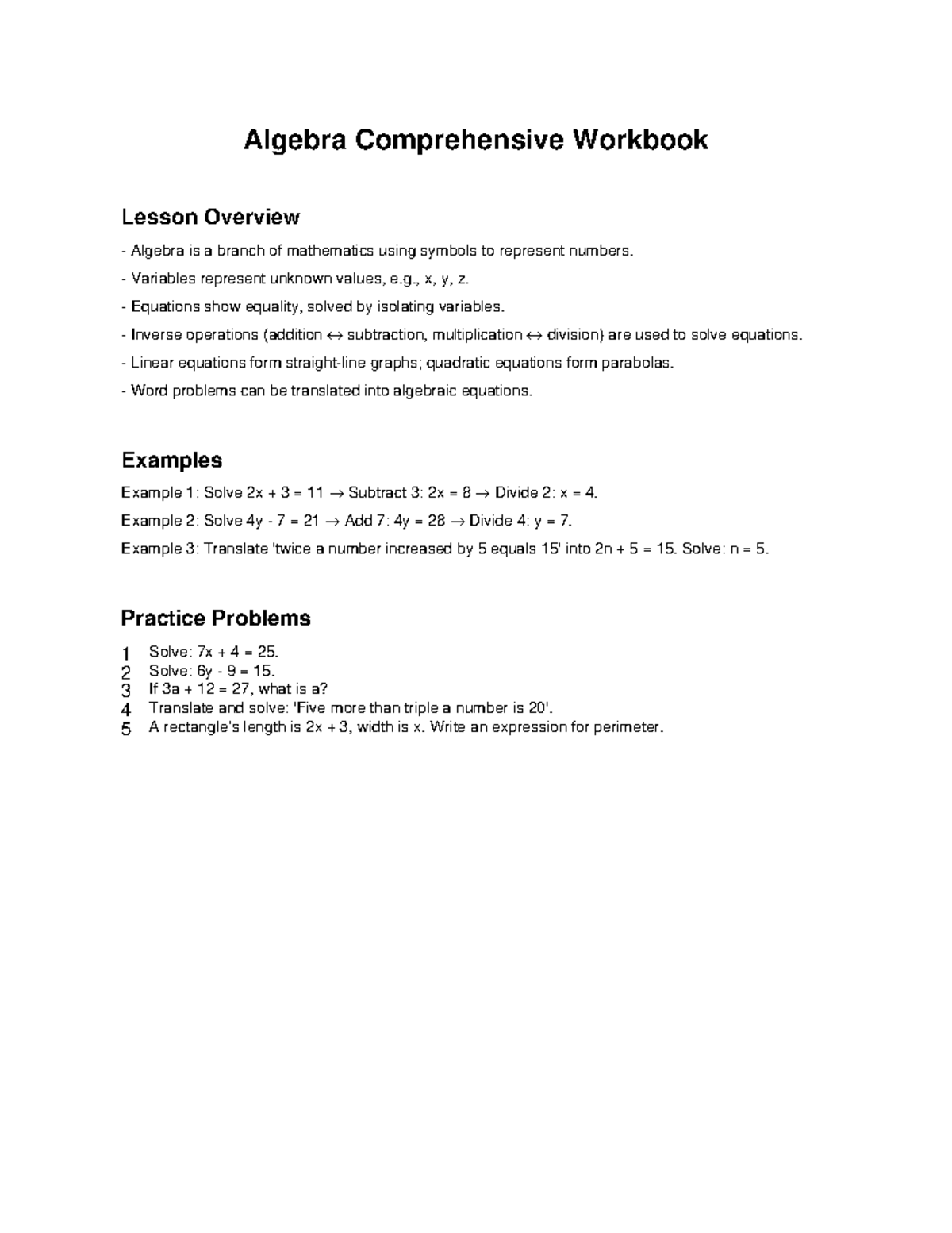 Algebra Comprehensive Workbook: Lesson Overview (MATH 101) - Studocu