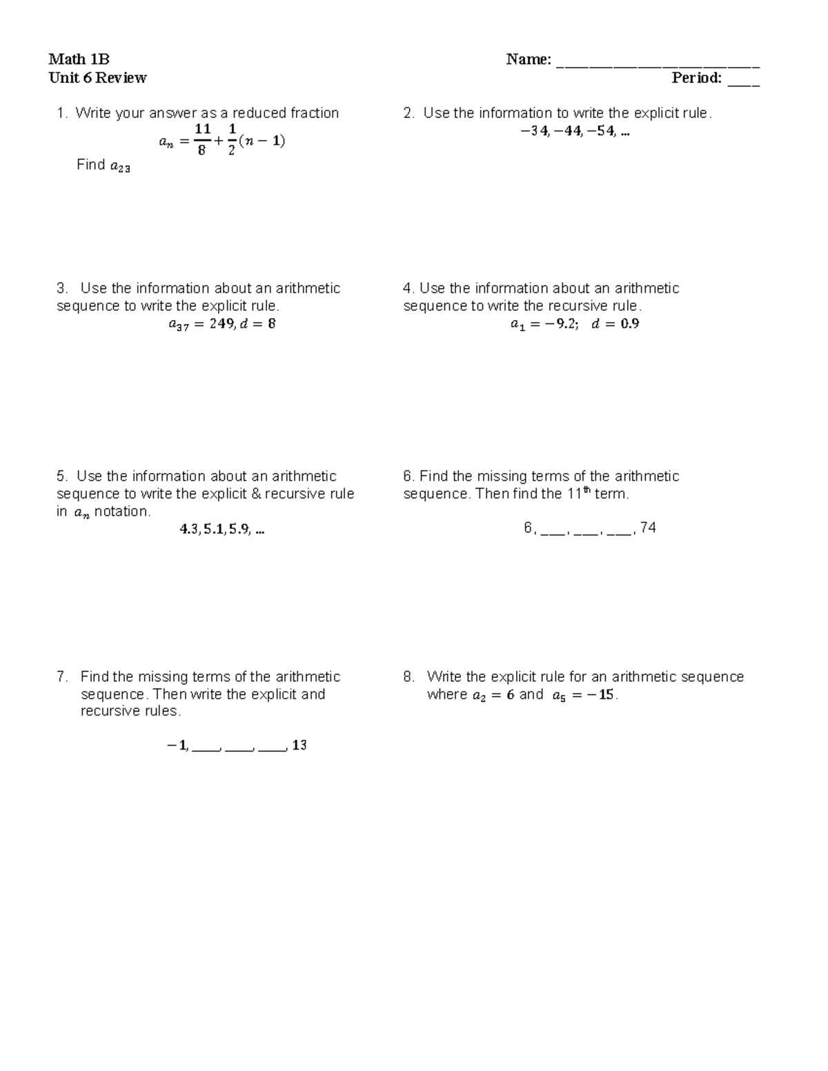 Math 1B Unit 6 Review: Exploring Arithmetic Sequences & Functions - Studocu