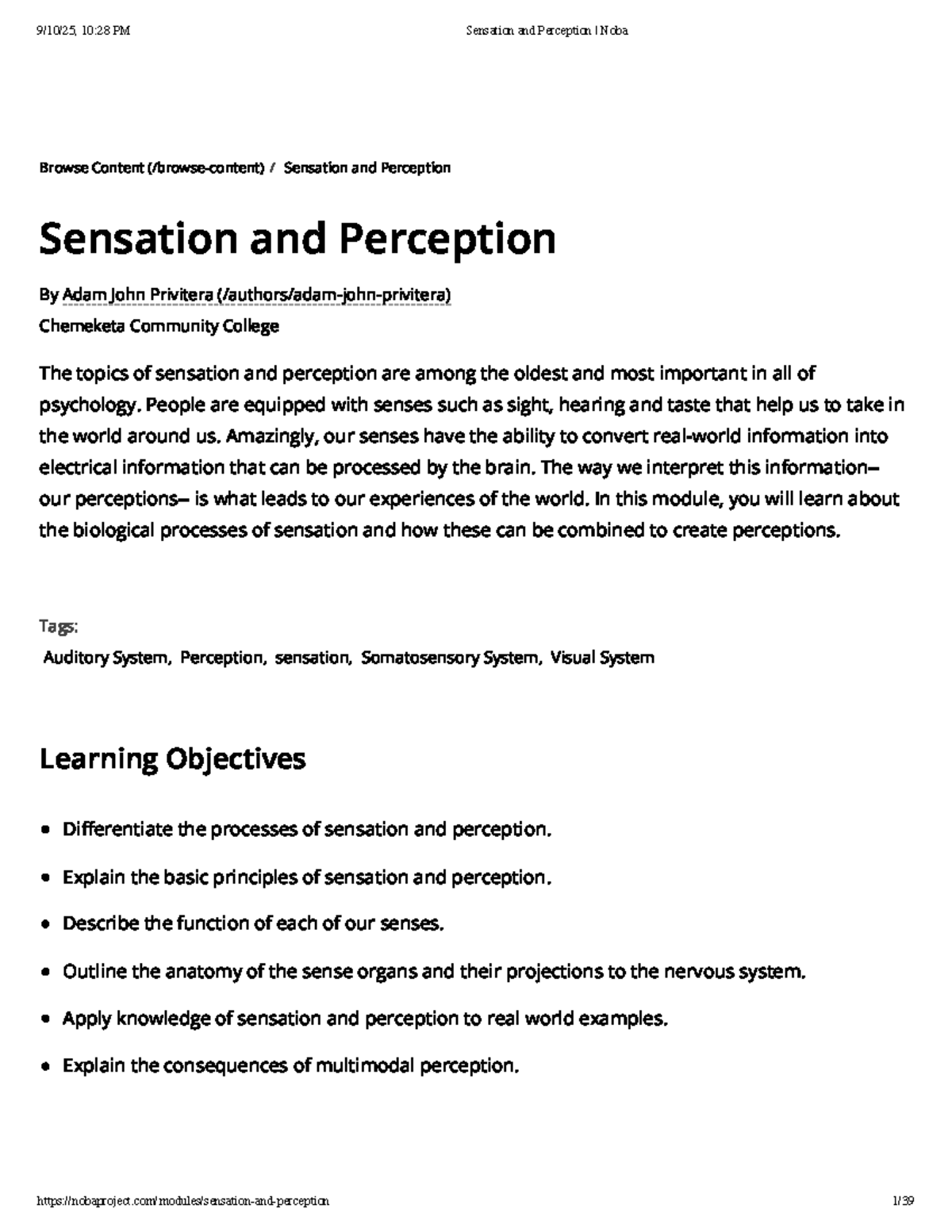 Sensation and Perception Overview - Introductory Psychology (PSY 100) - Studocu