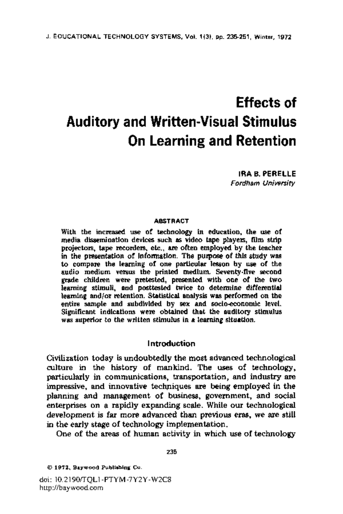 Effects of Auditory vs. Written Stimulus on Learning Retention IRA 6 ...