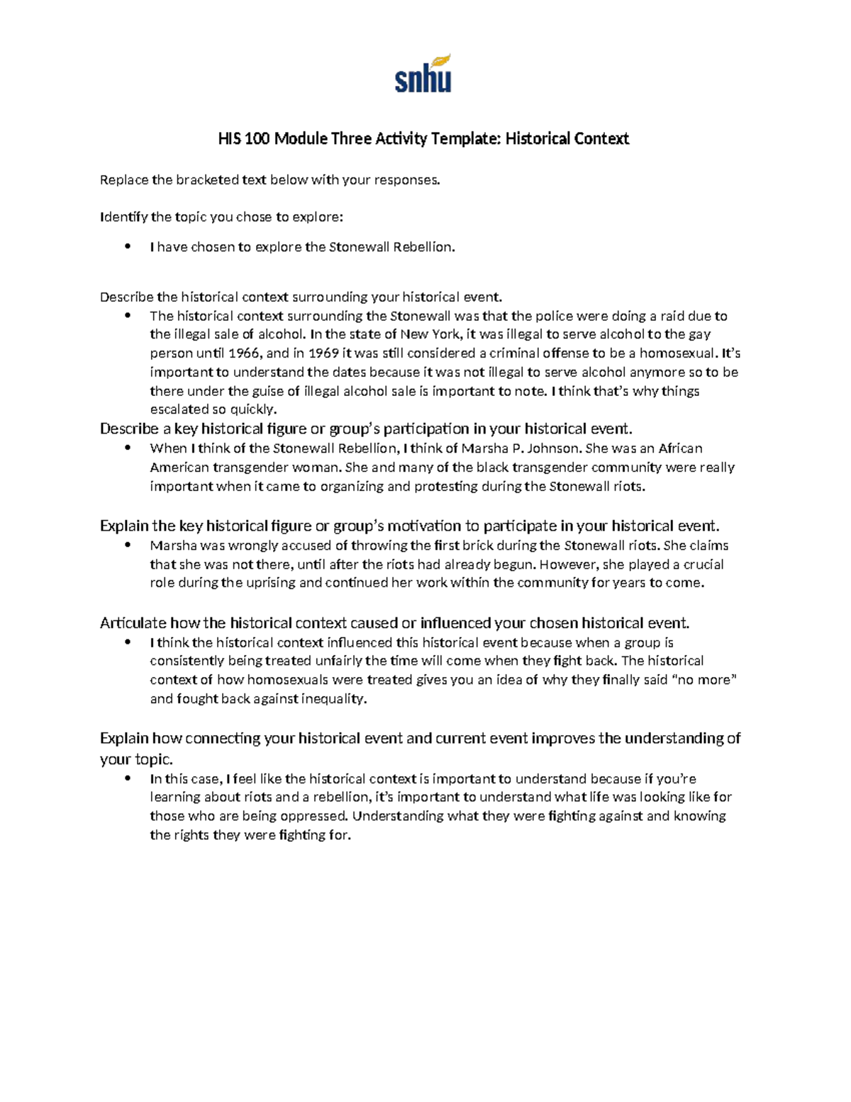 HIS 100 Module Three Activity: Context of the Stonewall Rebellion - Studocu
