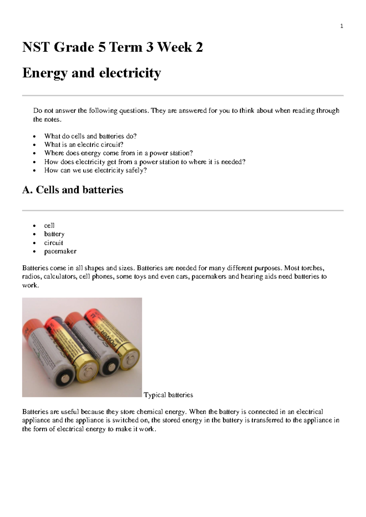 NST Grade 5 Term 3 Week 2: Exploring Energy & Electricity Concepts - Studocu
