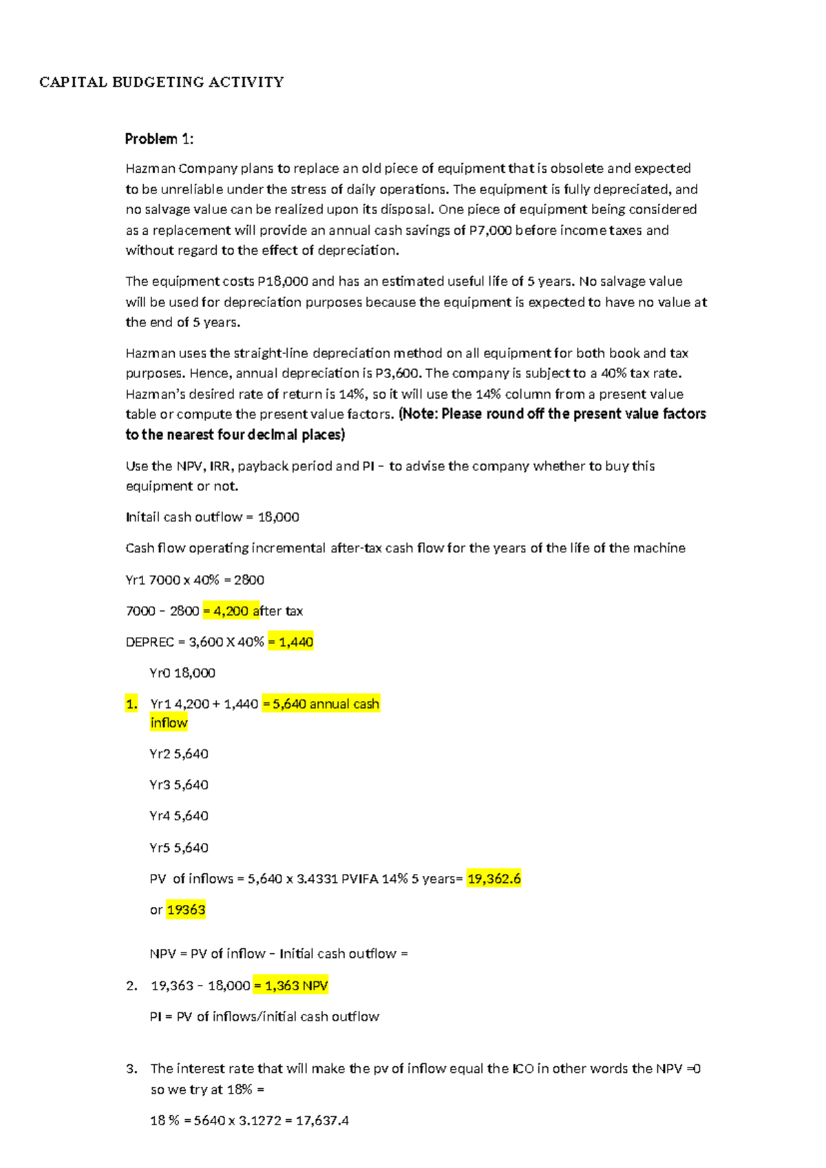 CAPITAL BUDGETING ACTIVITY: NPV & IRR Analysis for Hazman Co. - Studocu