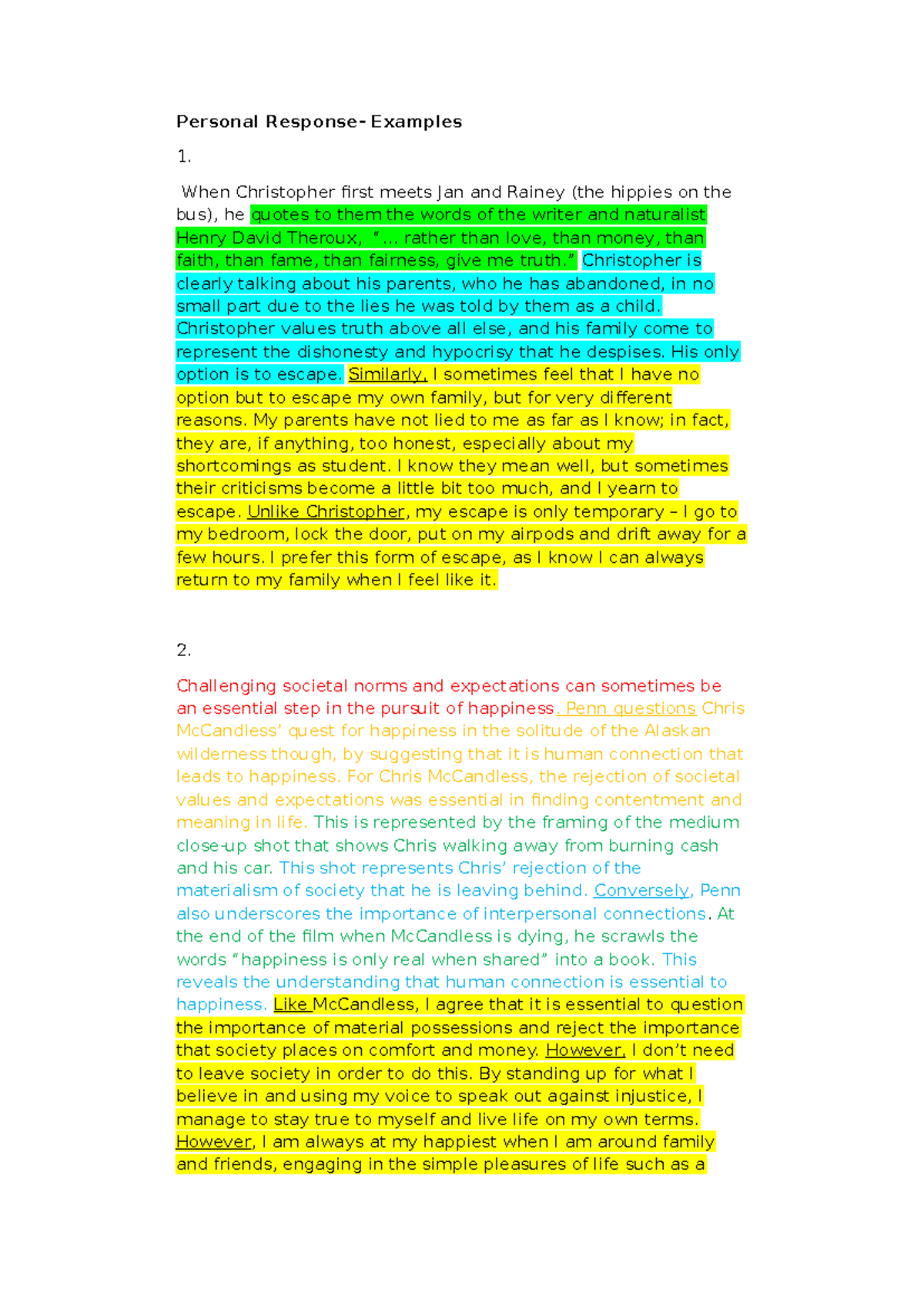 Personal Response Examples: Escaping Family and Societal Norms - Studocu