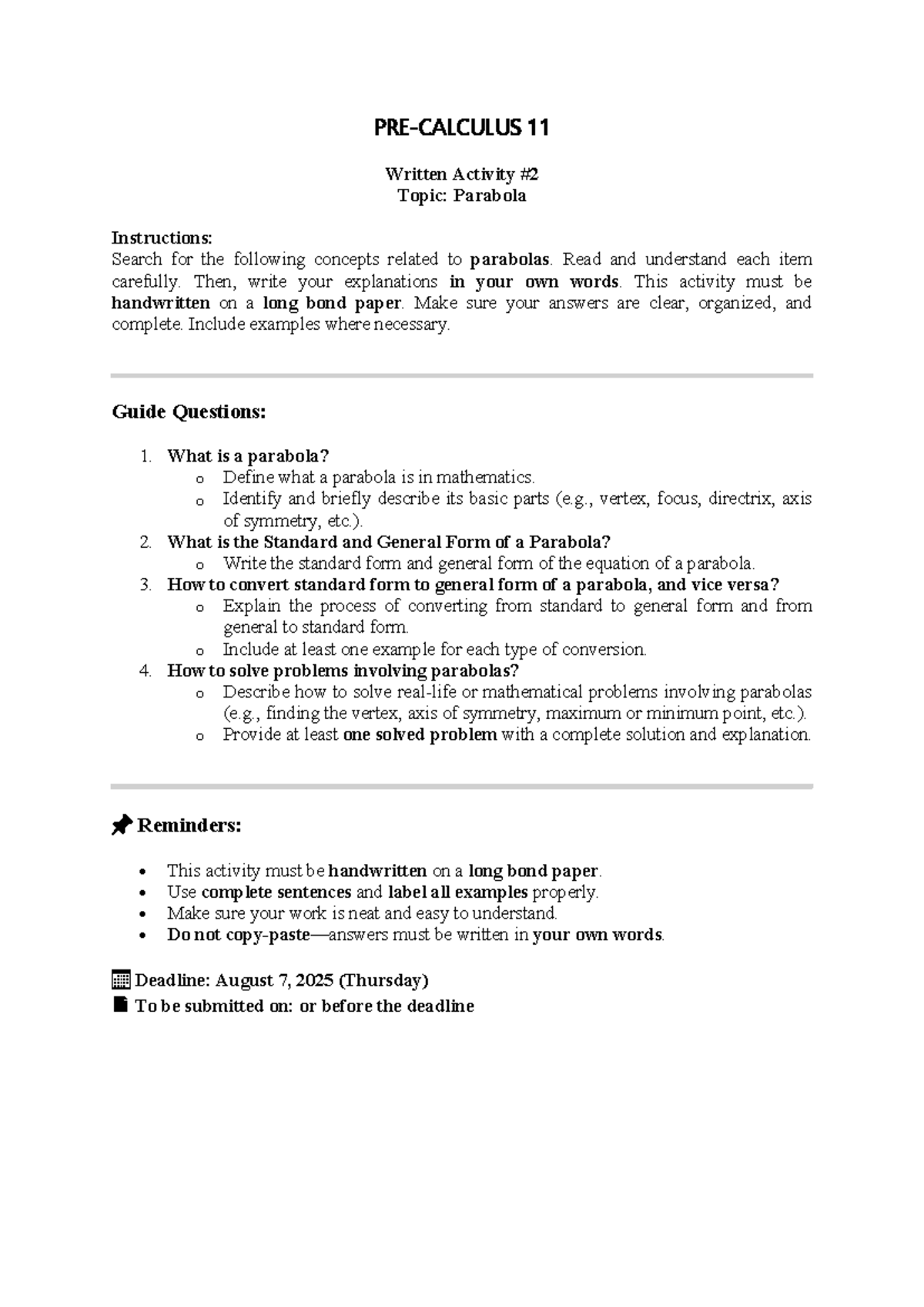 2512 Pre Calculus Written Activity: Understanding Parabolas - Studocu