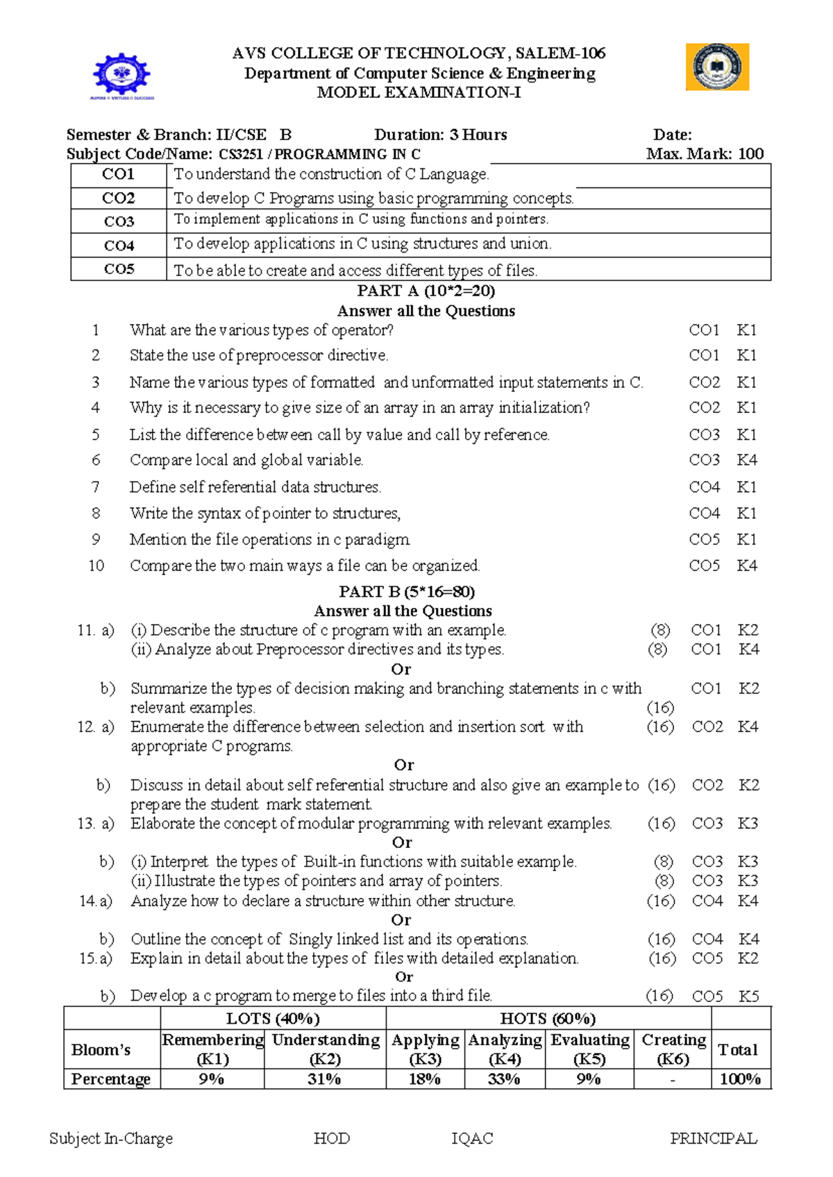 CS3251 Programming in C - Model Exam Notes - Studocu