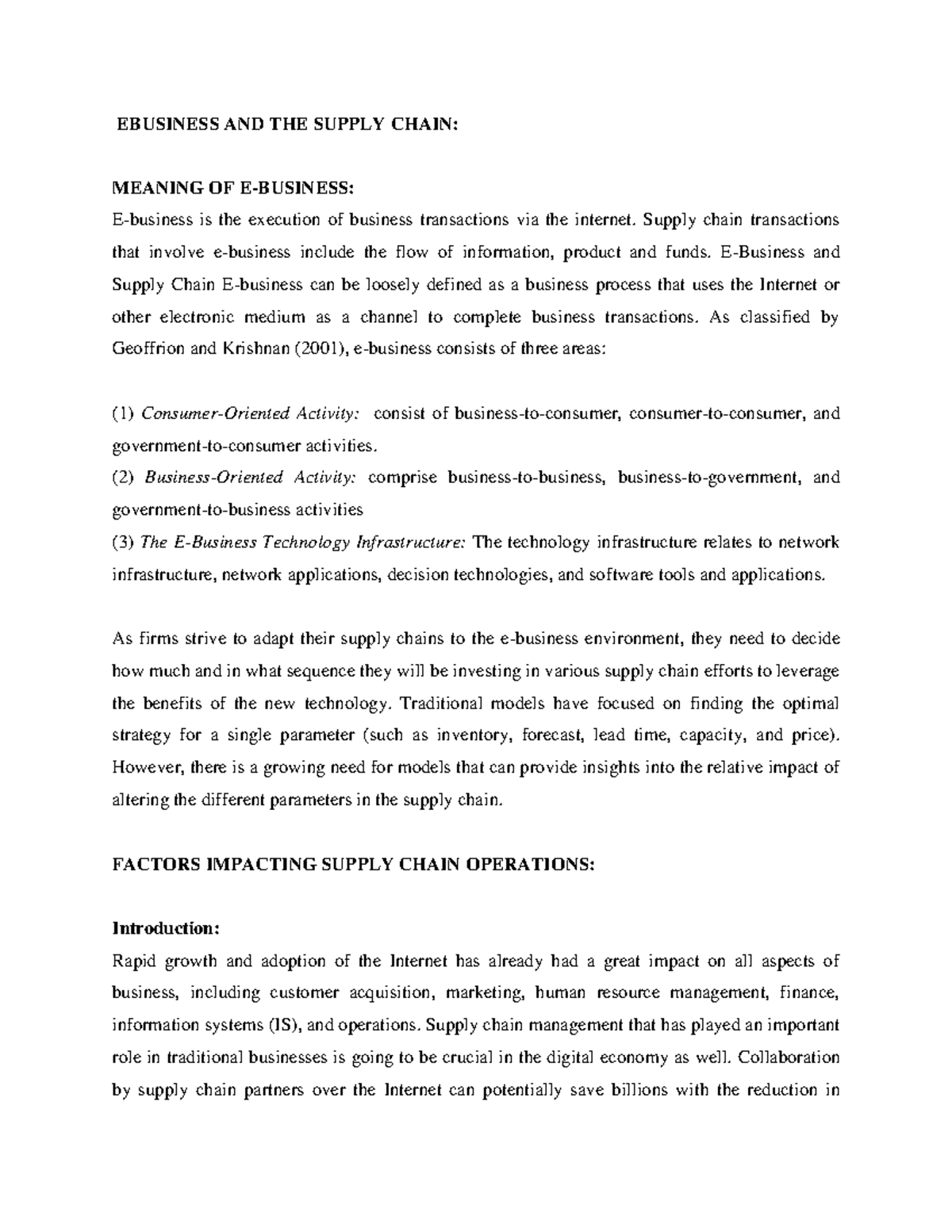 E-Business and Supply Chain Management: Insights and Impacts - Studocu