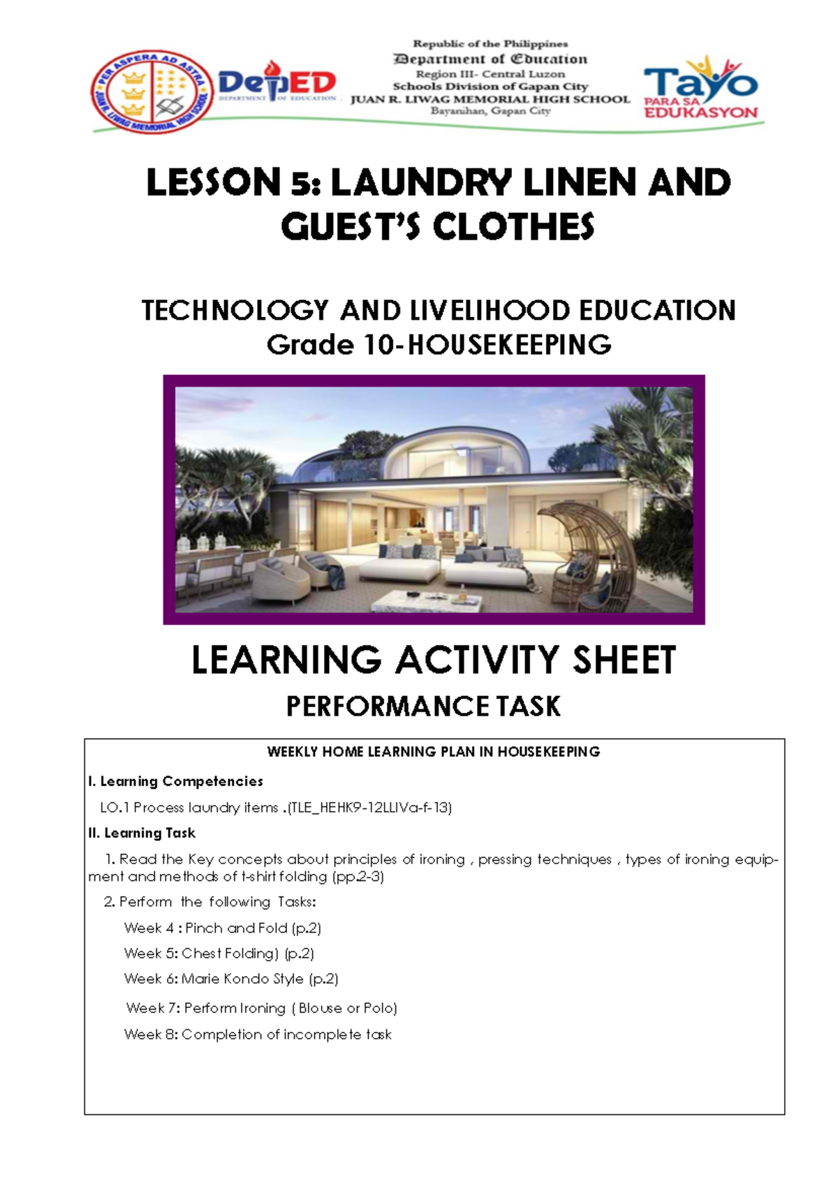Housekeeping Q4 performance-Task - LEARNING ACTIVITY SHEET LESSON 5 ...