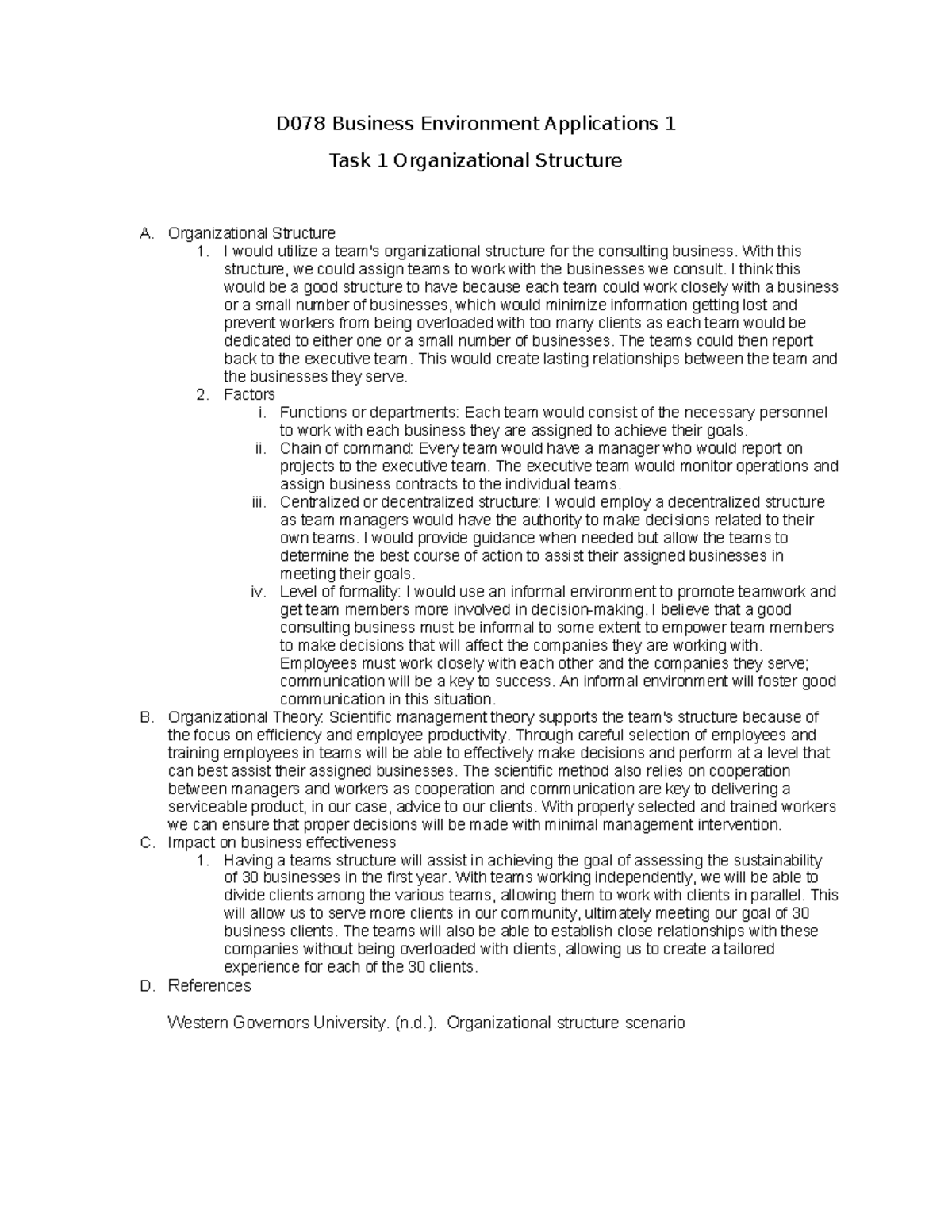 D078 Business Environment Applications: Task 1 - Org Structure Analysis ...