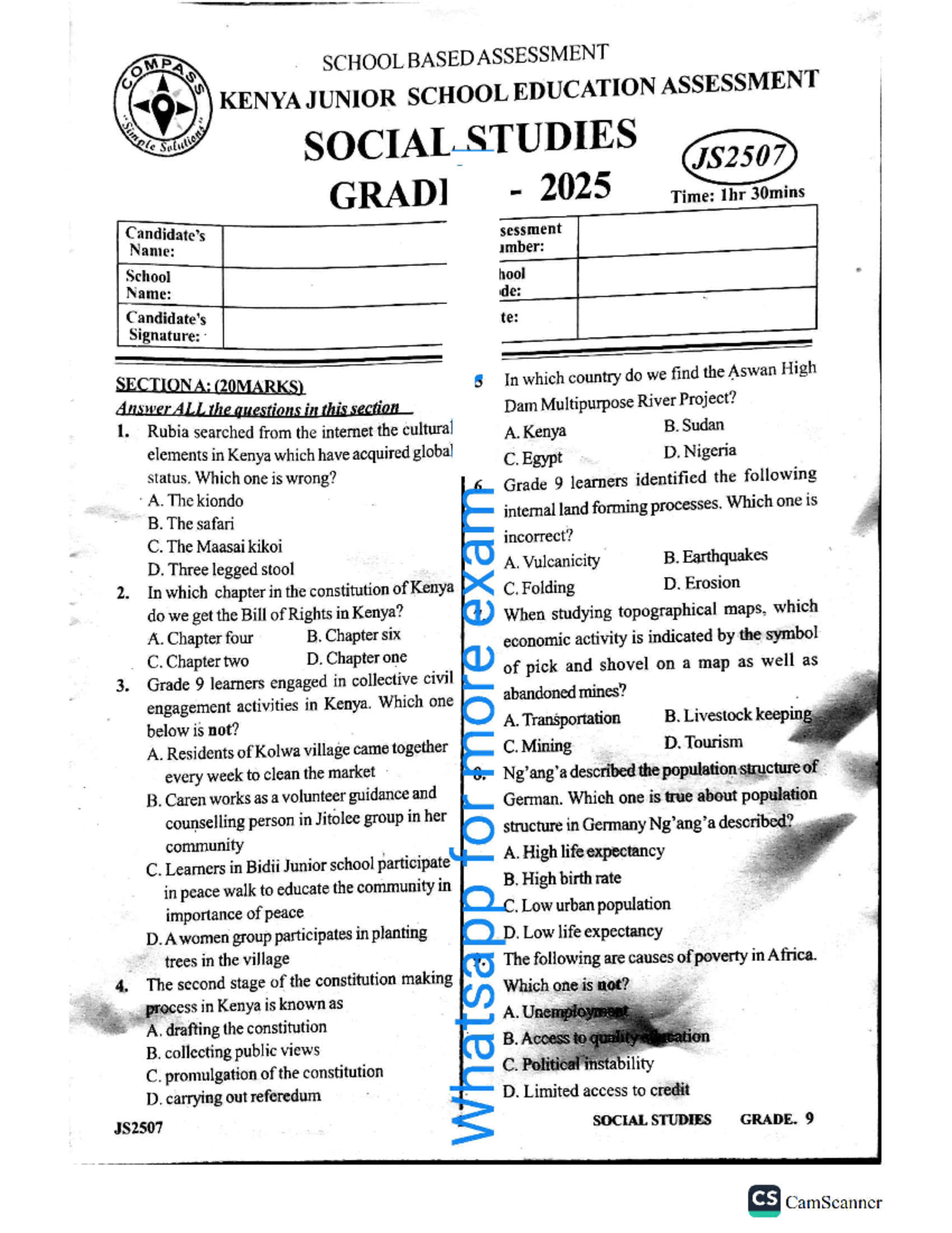 JS2507 SOCIAL STUDIES GRADE 9 REVISION QUESTIONS - Studocu
