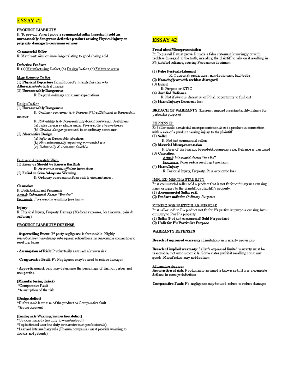 Torts LAW 301 Final Exam Product Liability & Fraud Notes Outline - Studocu