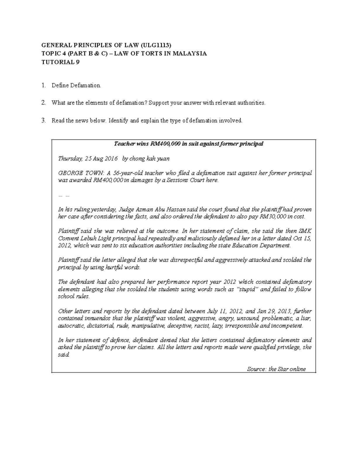 TUT 9 - Topic 4 (Part B C) - Defamation in Malaysian Law - Studocu